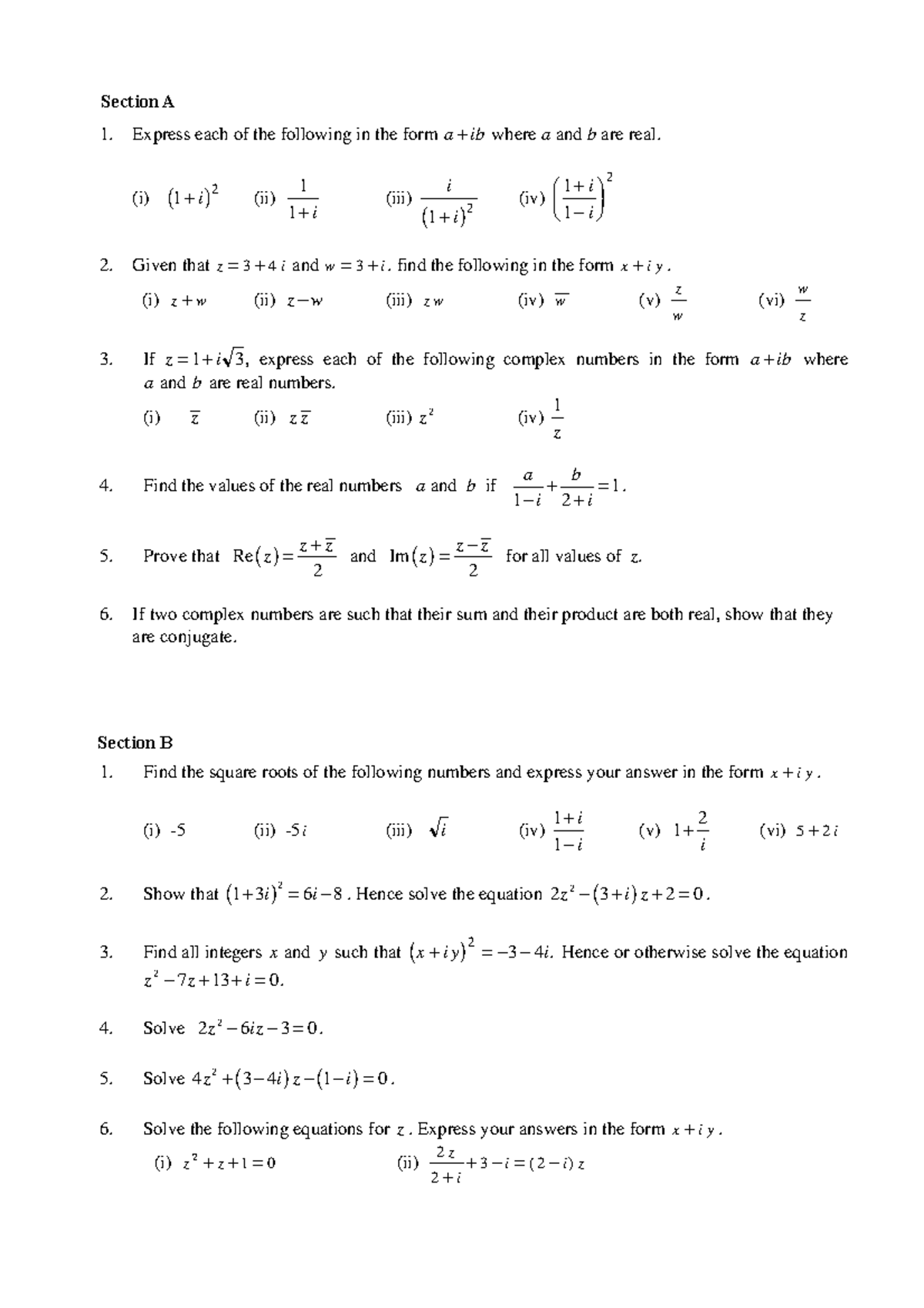 Ext 2 Complex Number Quiz 1: Expressing Complex Numbers in a+ib Form ...