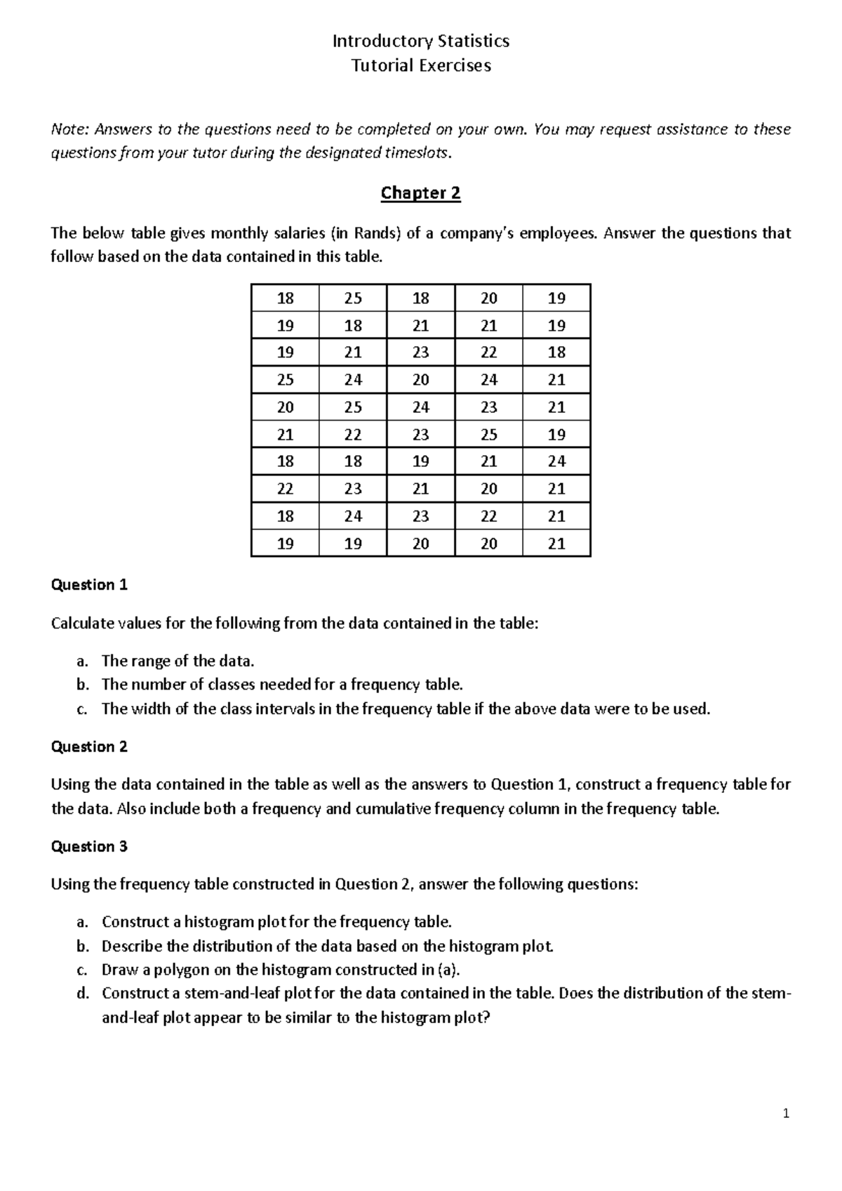 Introductory Statistics Tutorial Exercises: Chapter 2 Analysis - Studocu