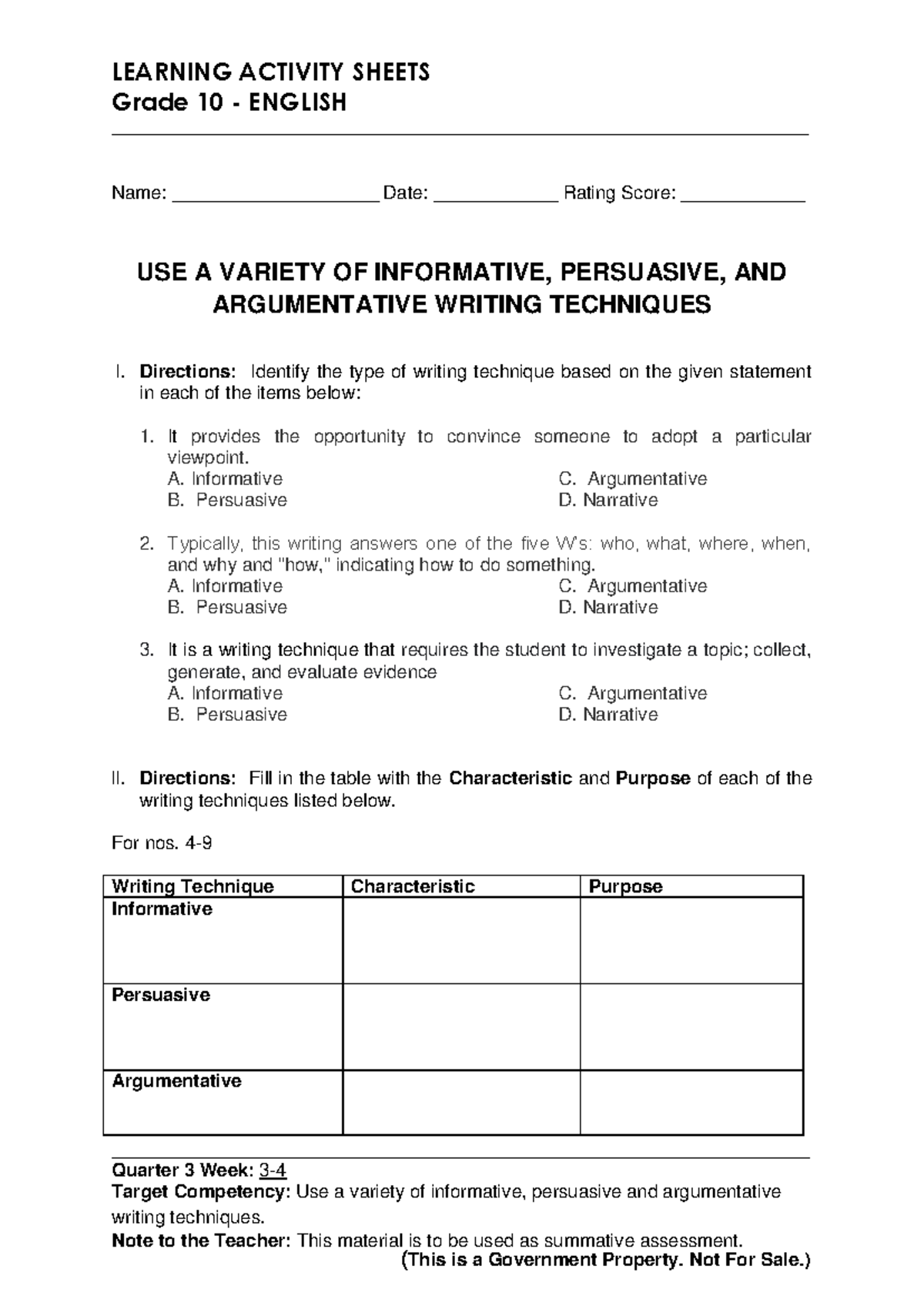 LAS English 10 Summative Assessment on Writing Techniques V3 - Studocu