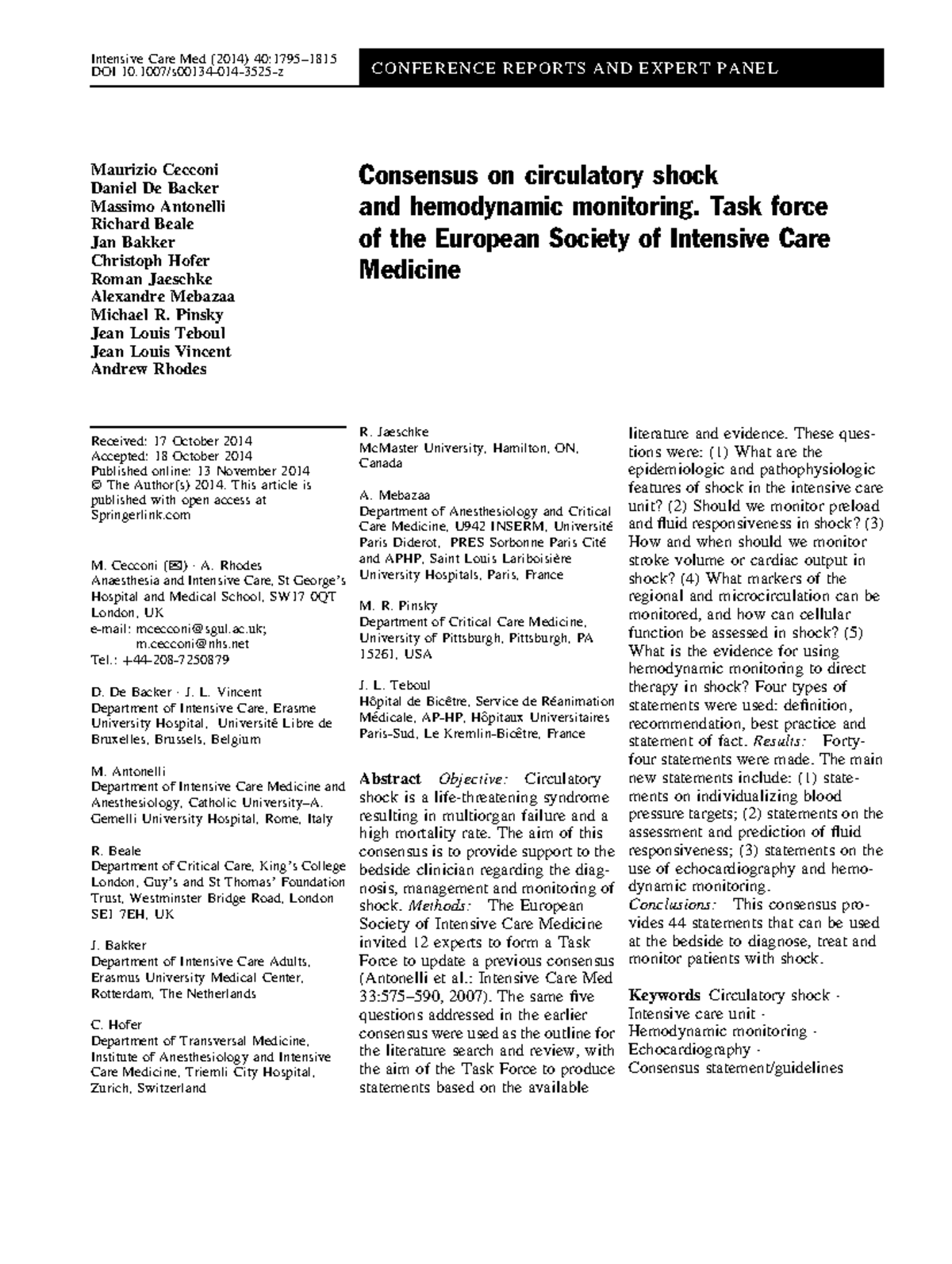 Consensus on Circulatory Shock & Hemodynamic Monitoring (ICM 2014 ...