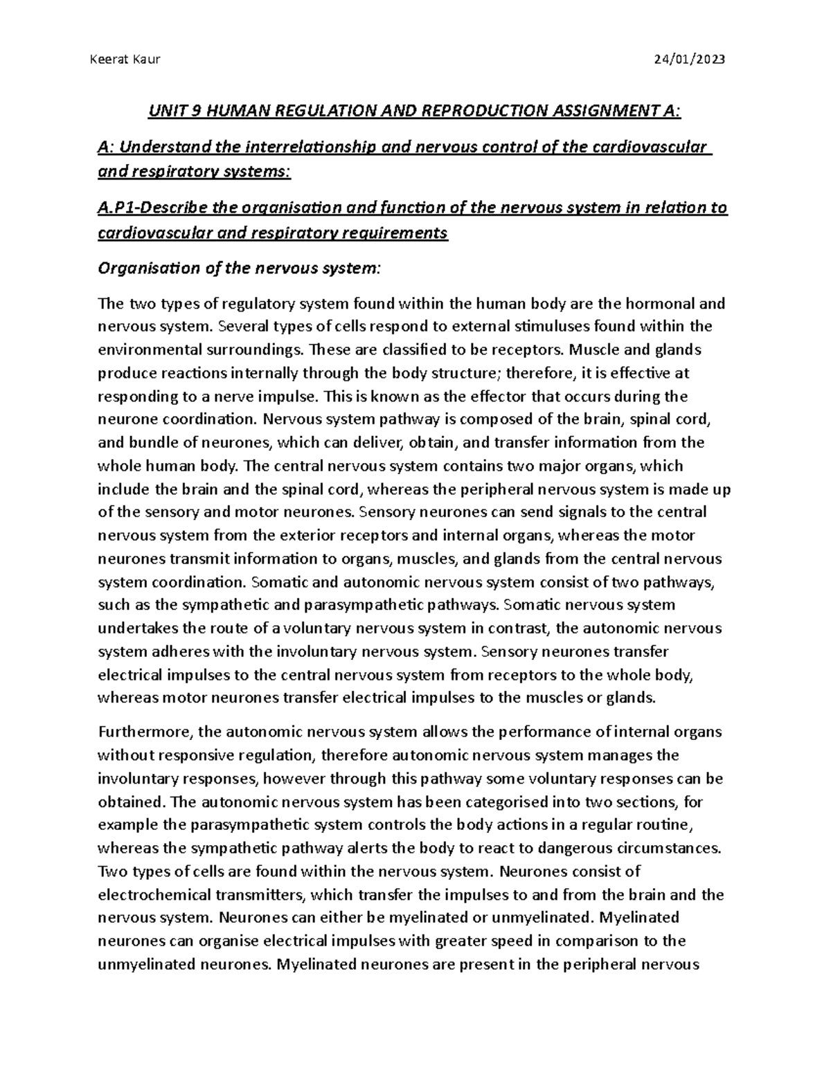 Unit 9 Human Regulation & Reproduction: Nervous System Assignment A ...