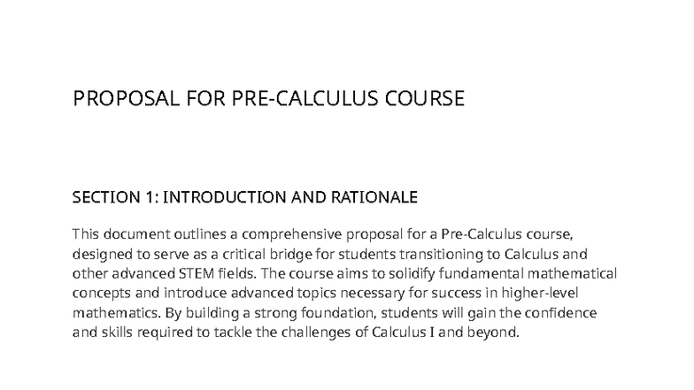 Pre Calculus Proposal Outline: Course Design & Learning Goals - Studocu