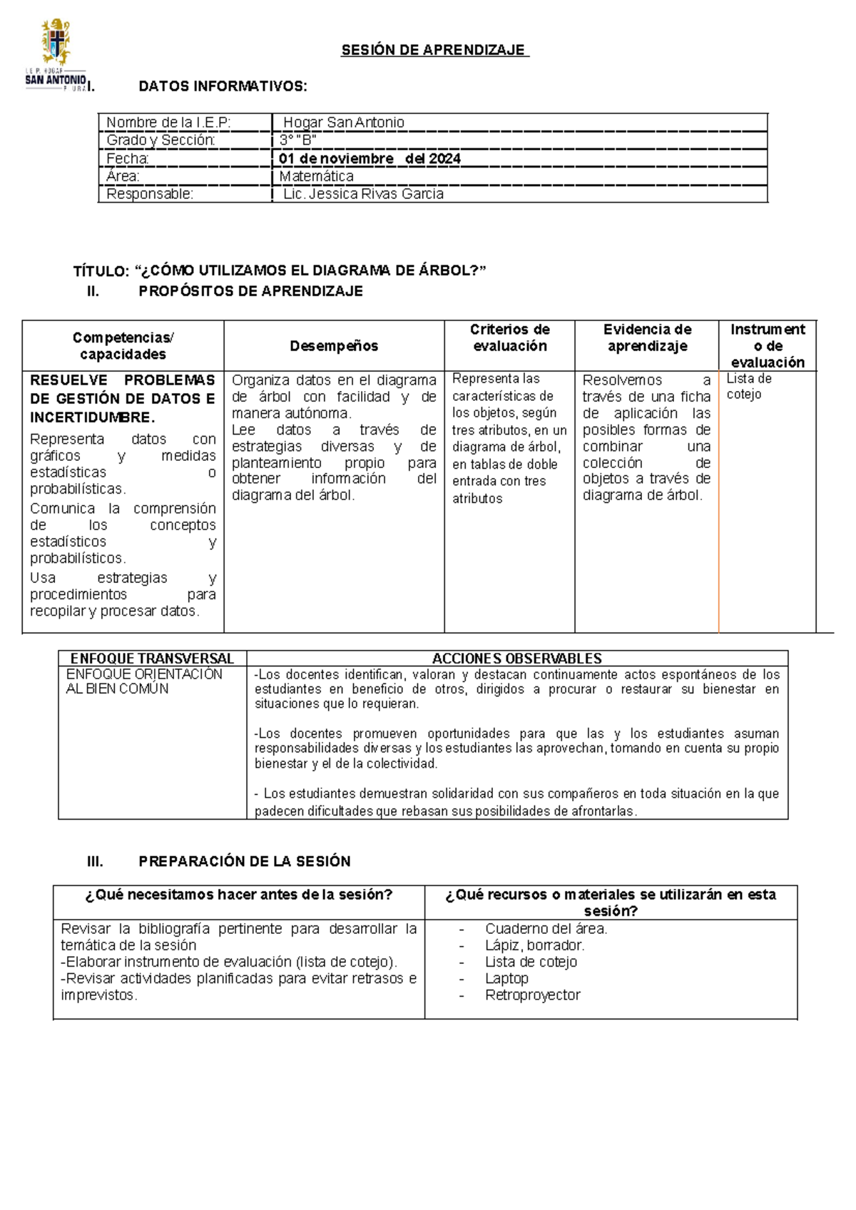 Sesión de Aprendizaje: Diagrama de Árbol en Matemática 3°B - Studocu