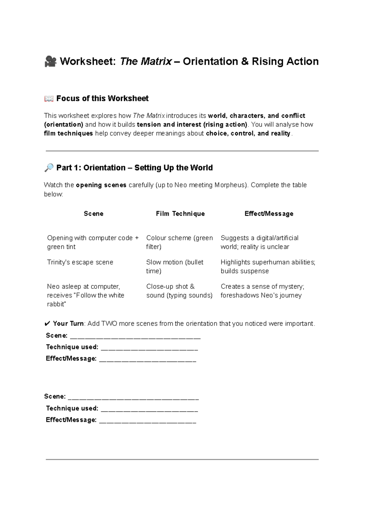 Worksheet: The Matrix (Film Analysis) - Orientation & Rising Action ...