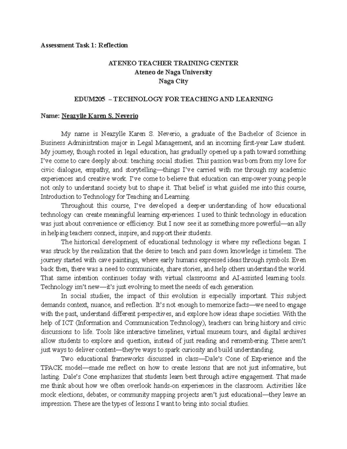 EDUM205 Assessment Task 1: Reflection on Technology in Teaching - Studocu