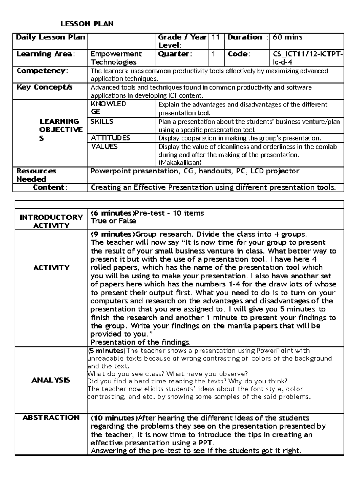 Lesson Plan: Creating Effective Presentations (Grade 11, Quarter 1 ...