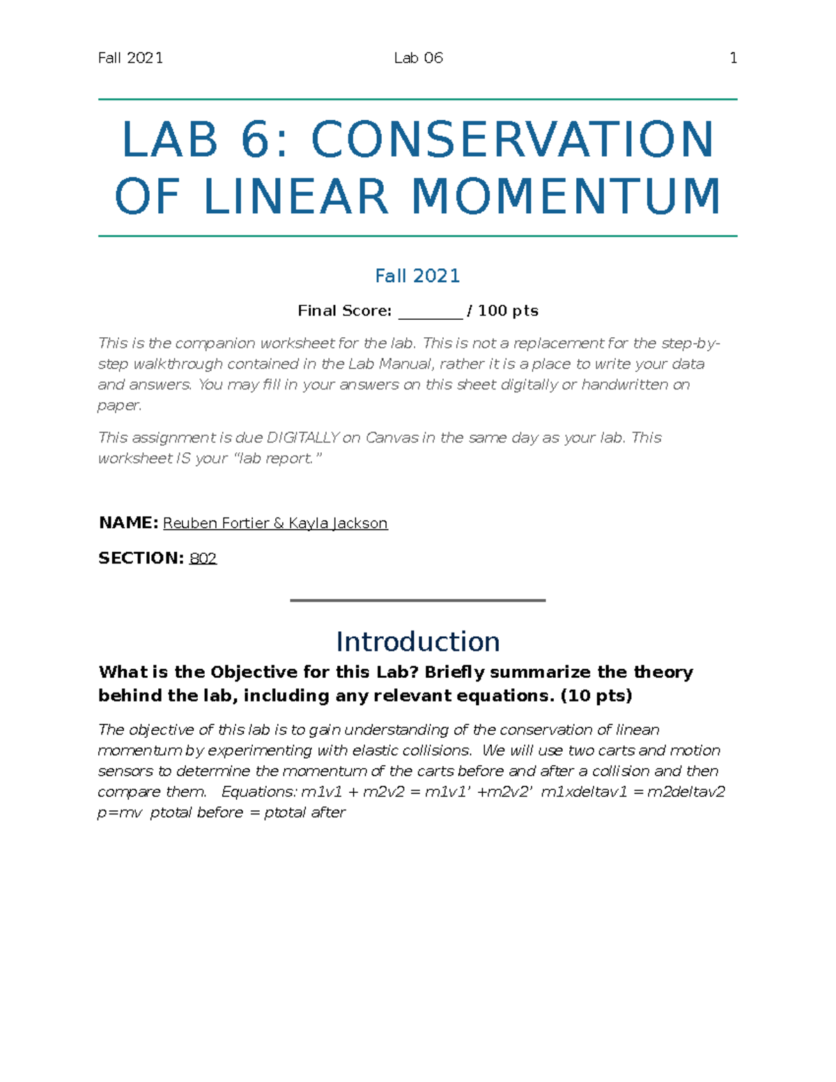 Lab6 Conservation Of Momentum Worksheet V2 Lab 6 Conservation Of Linear Momentum Fall 2021