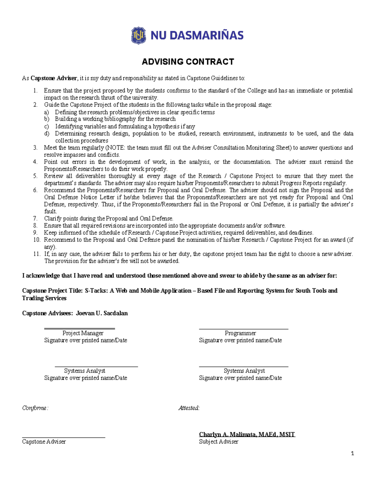 Dasma-SIT-FORM-008 Advising Contract - ADVISING CONTRACT As Capstone ...