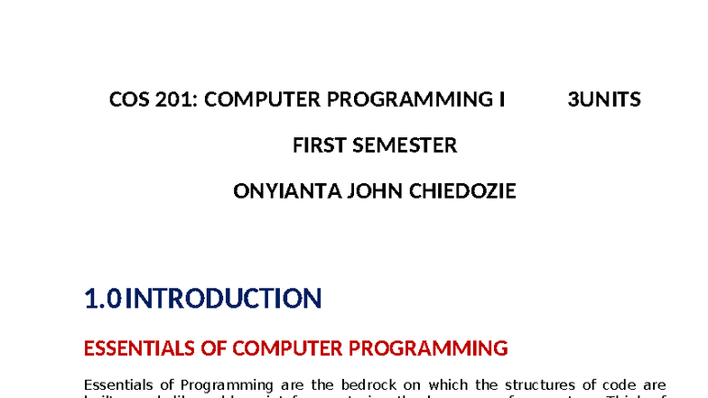 COS 201: Computer Programming I - Lecture Notes on Essentials - Studocu
