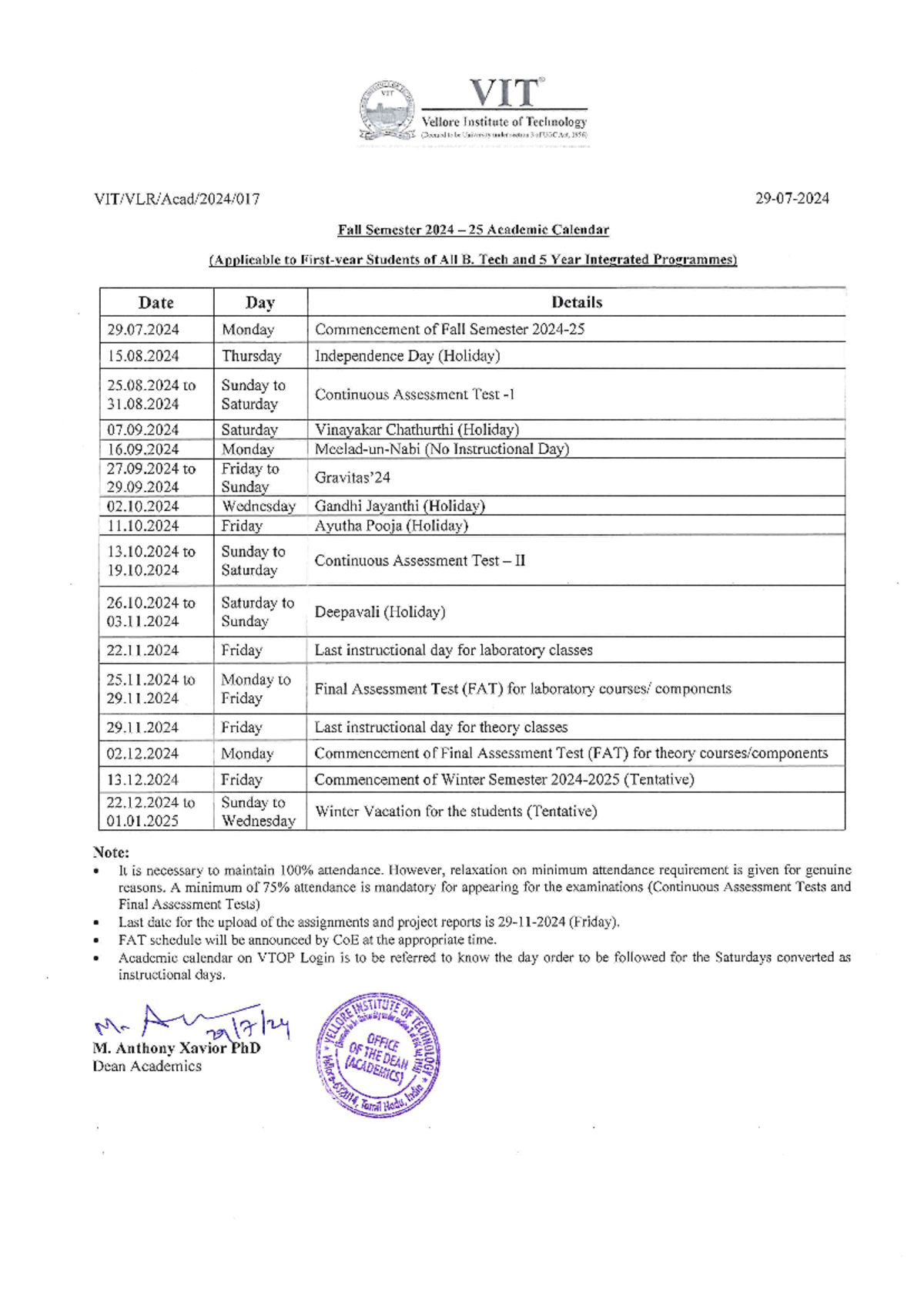 Fall Semester Academic Calendar 2024-25 for B.Tech & 5-Year Prog 240729 ...