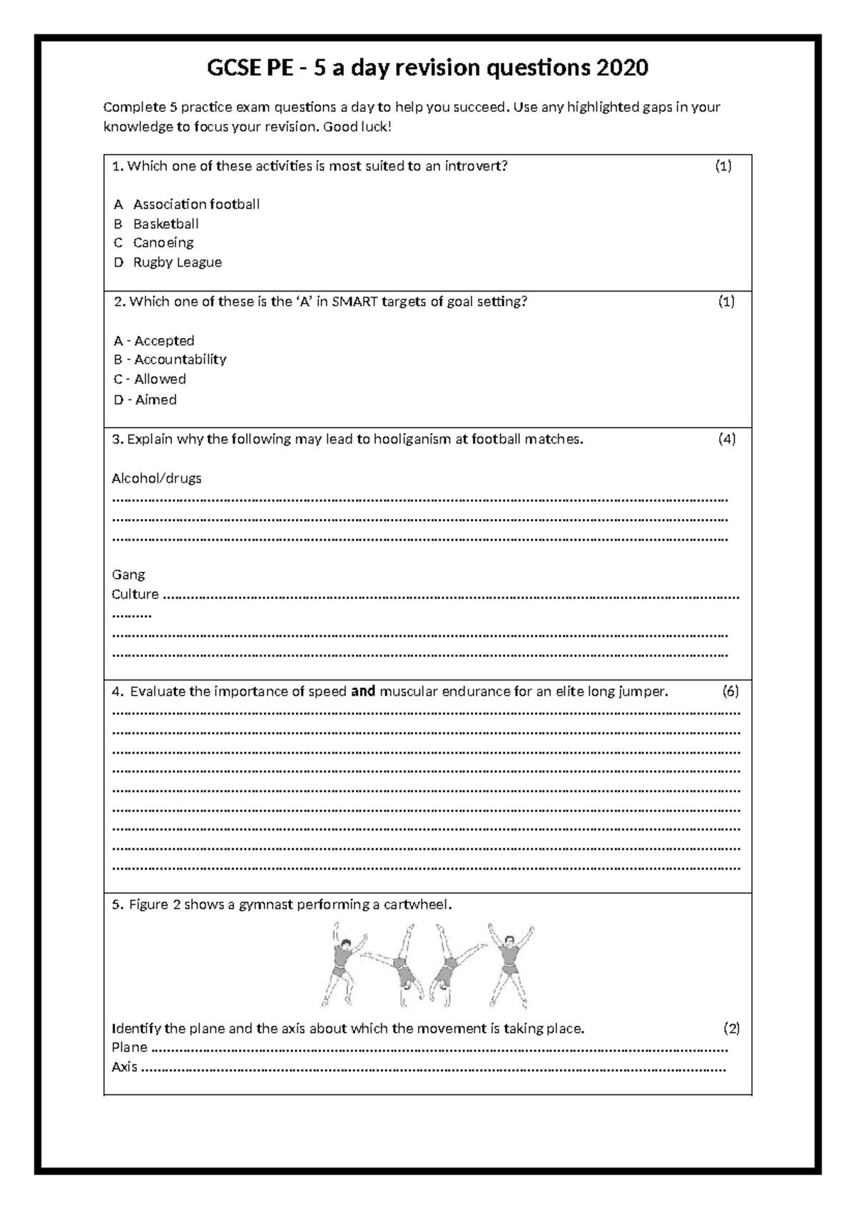 GCSE PE 9-1 5 a Day Exam Questions 2020 - AQA Practice Set - Studocu