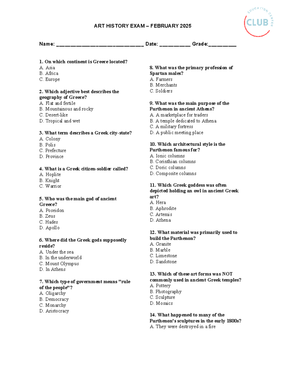 ART HISTORY EXAM (AH101) - FEBRUARY 2025 - Studocu