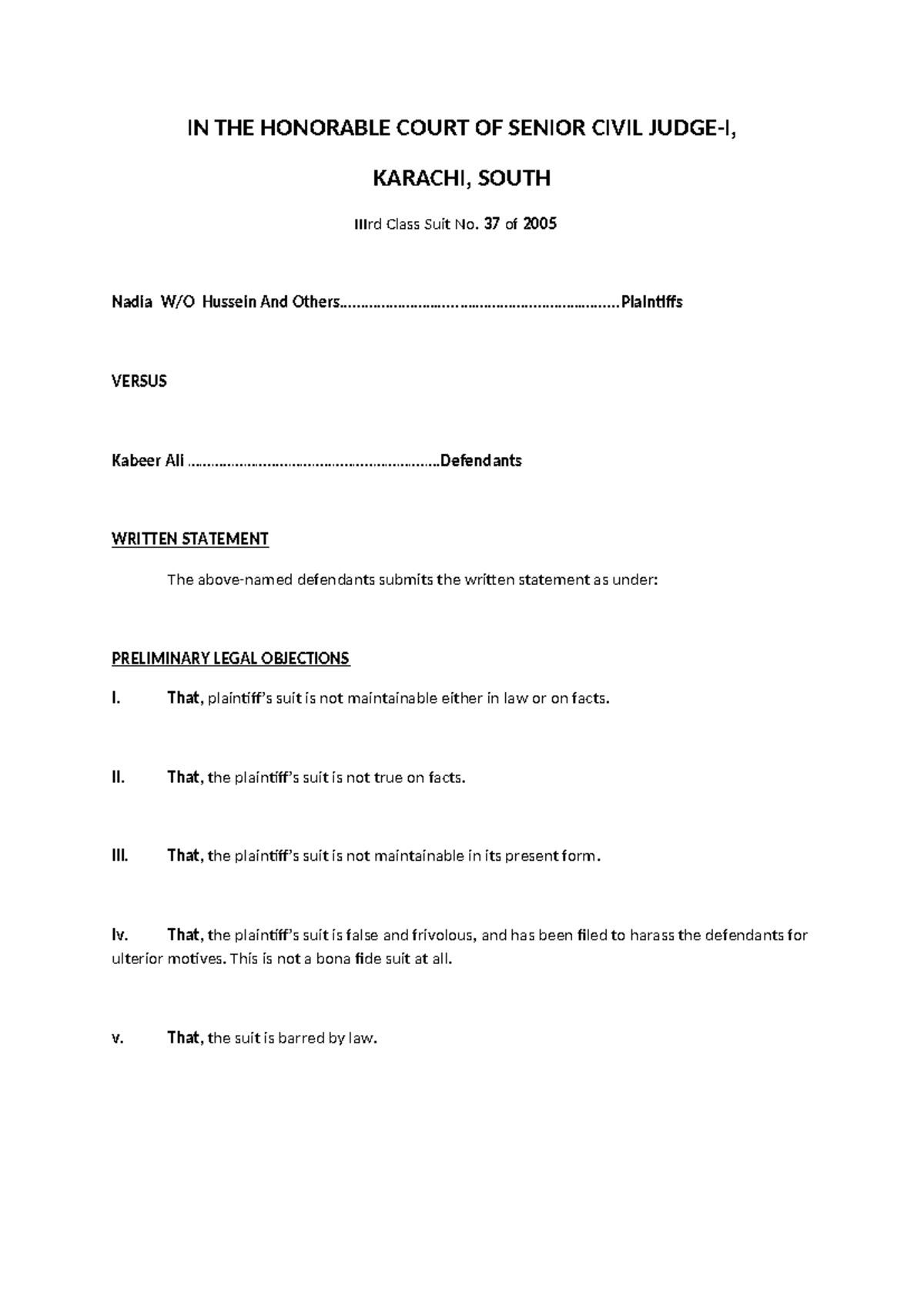 Written Statement Sample for Class Suit No. 37 of 2005 - Studocu