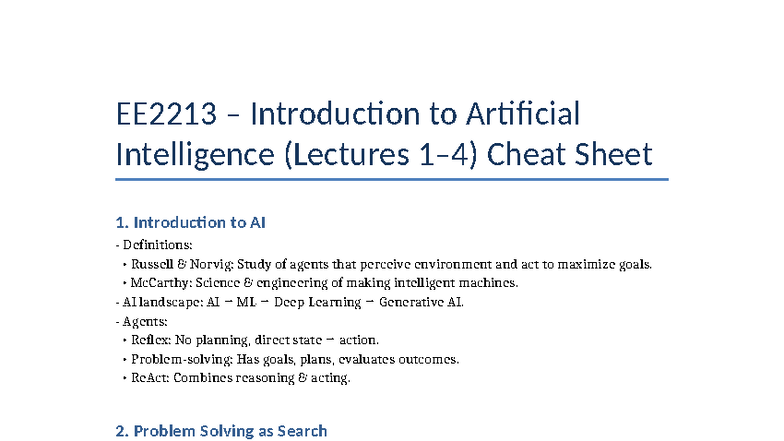 EE2213 Introduction to AI: Comprehensive Lecture Cheat Sheet - Studocu