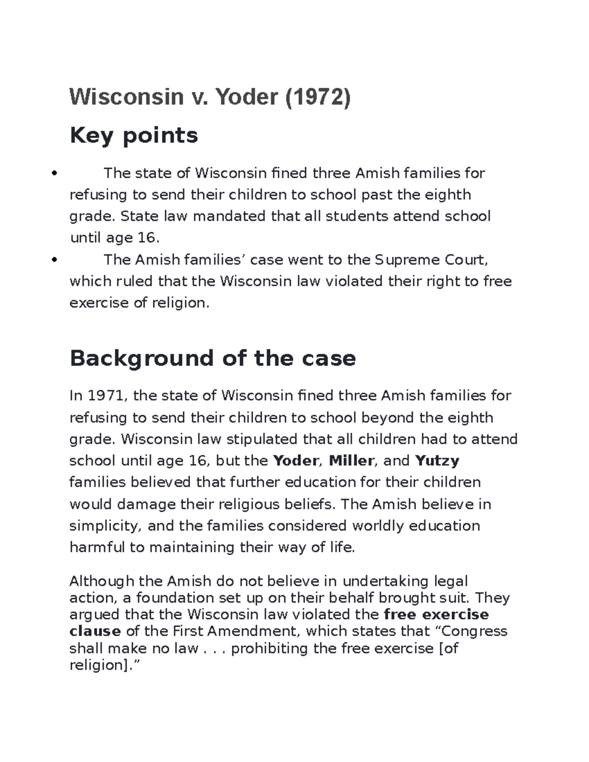 Wisconsin v Yoder - and yeah that - Wisconsin v. Yoder (1972) Key ...