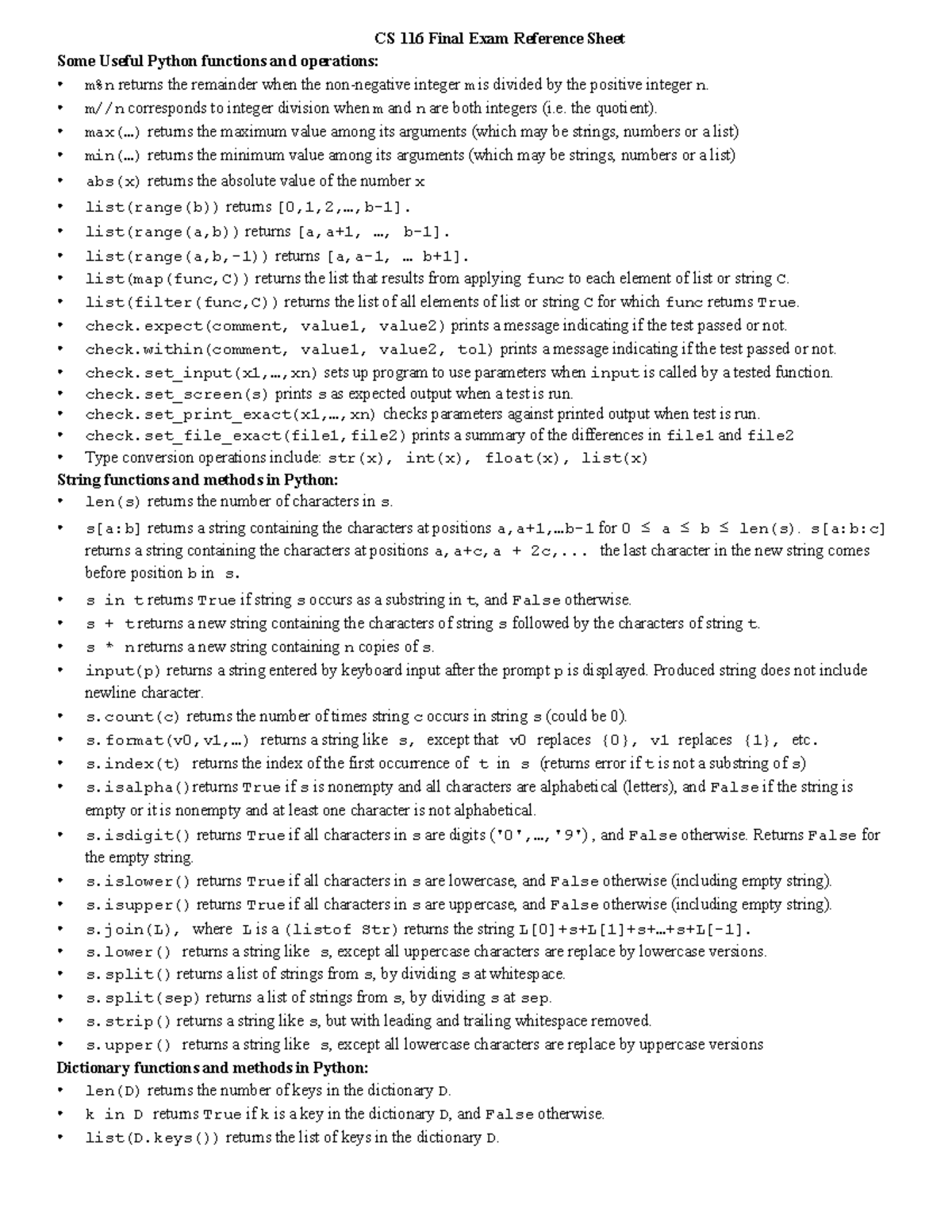 CS116 Final Exam Python Functions Reference Guide - Studocu