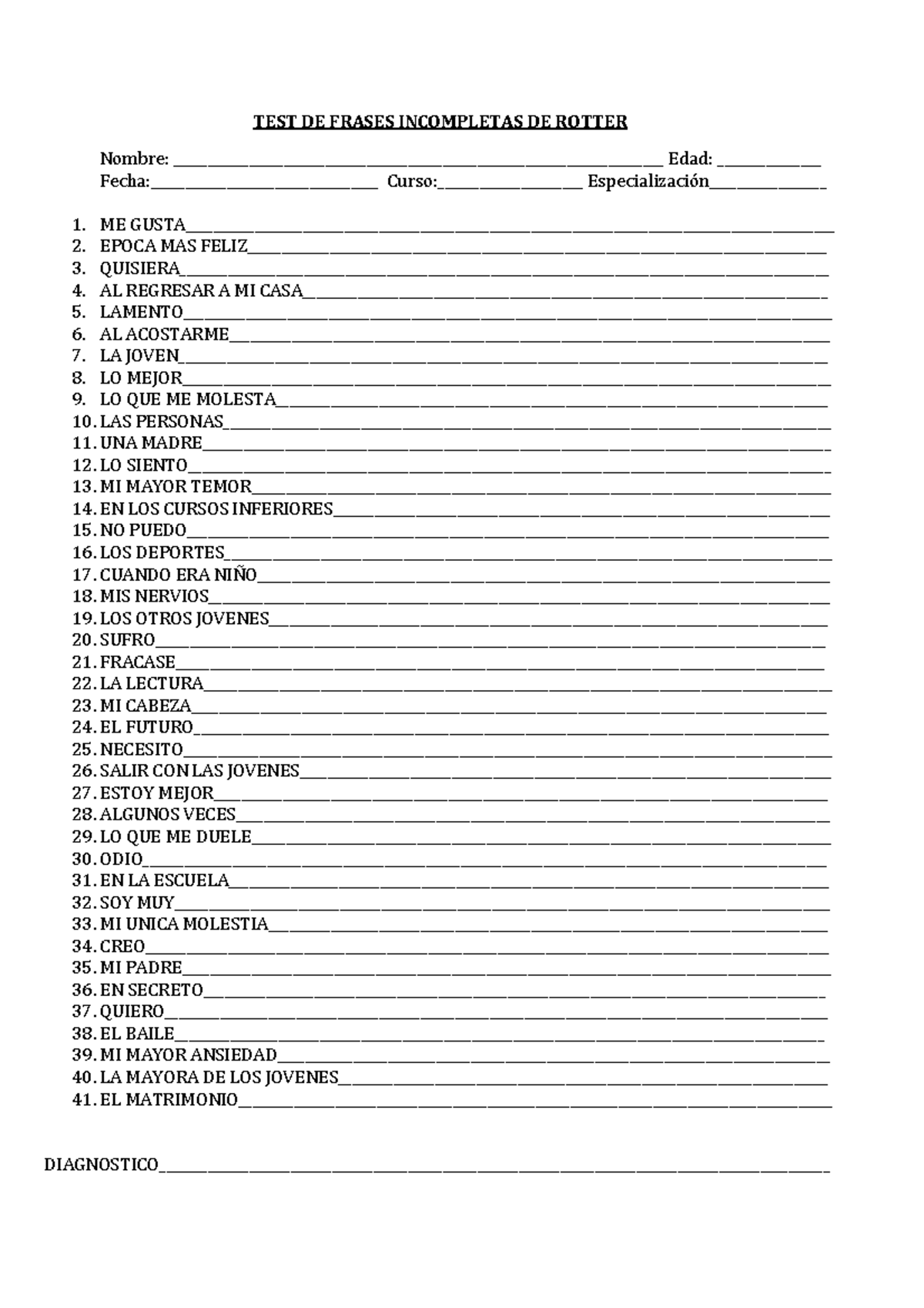 Test de Frases Incompletas de Rotter - Análisis y Calificación - Studocu