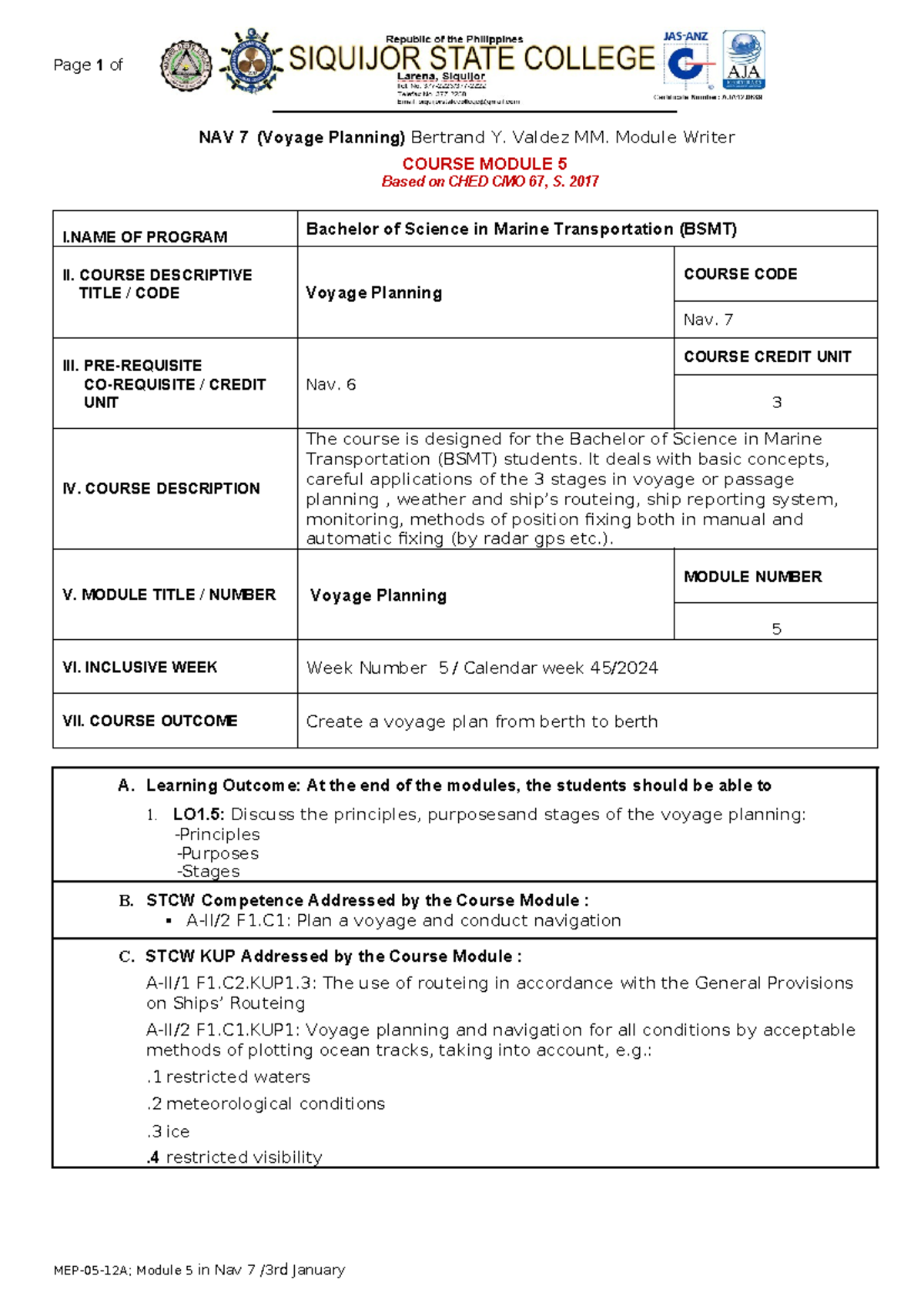 Module 5: Voyage Planning in Nav 7 - Key Concepts and Guidelines - Studocu