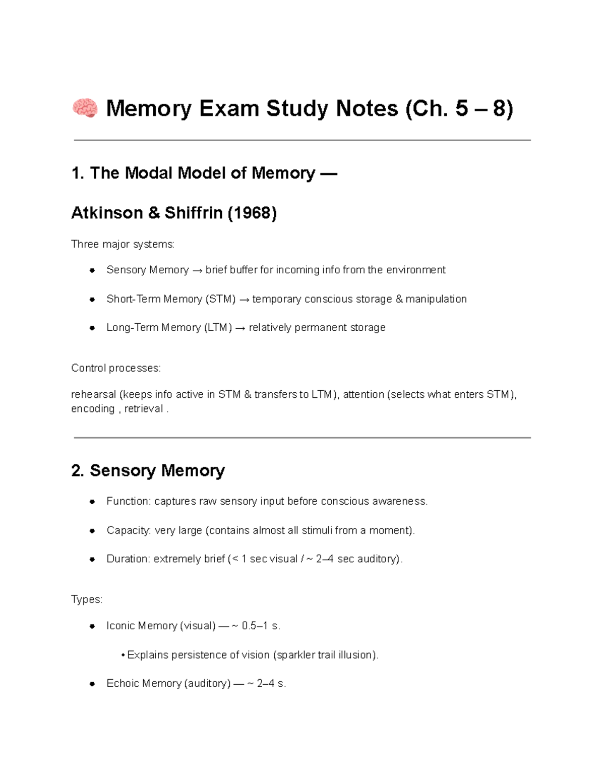 Memory Exam Study Notes (Cognitive Psychology Exam 2) - Studocu