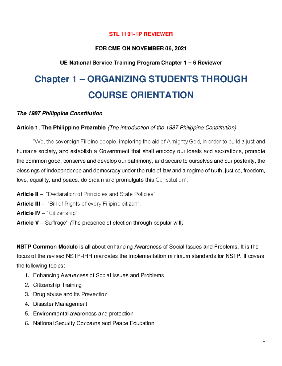 NSTP1 Final Exam Reviewer for National Service Training Program - Studocu