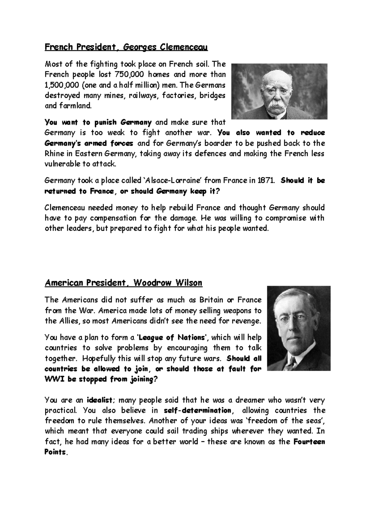 L1 - Role Cards for the Treaty of Versailles: Clemenceau & Wilson - Studocu