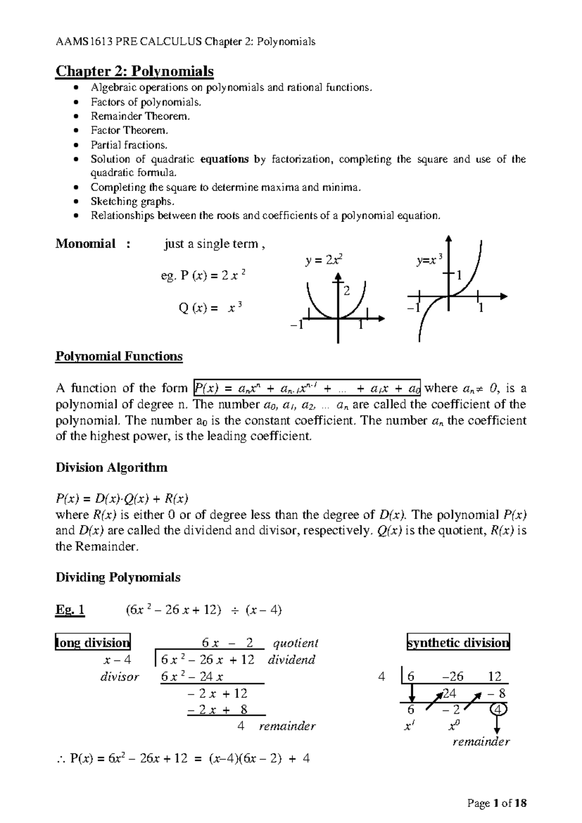 AAMS1613 Chapter 2: Detailed Study on Polynomials and Functions - Studocu