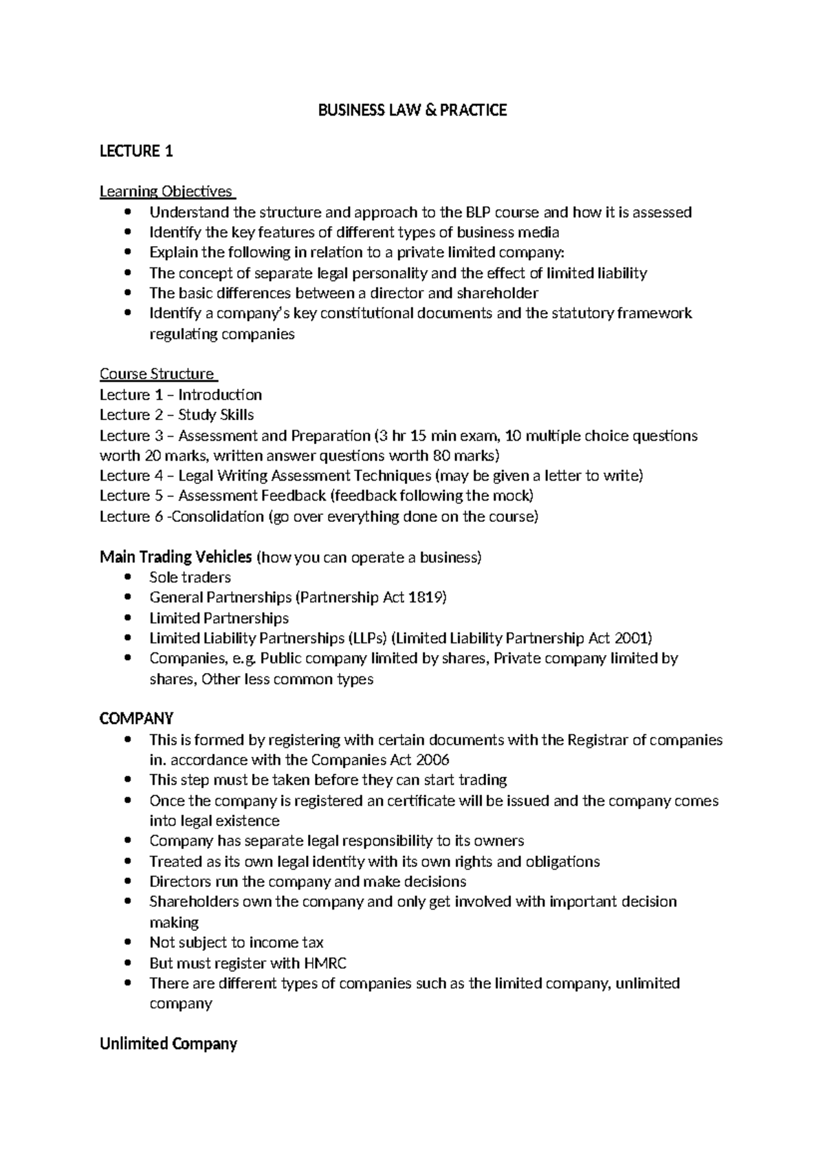 BUSINESS LAW PRACTICE LECTURE 1: Key Concepts and Company Structures ...