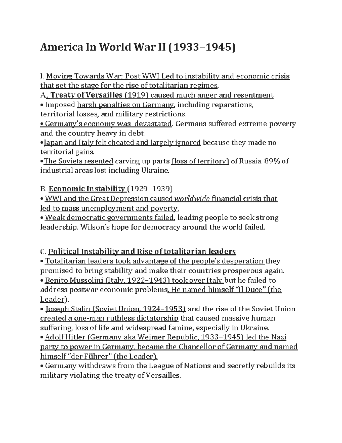 World War II Notes (HIST 101): From Post-WWI Instability to Global ...
