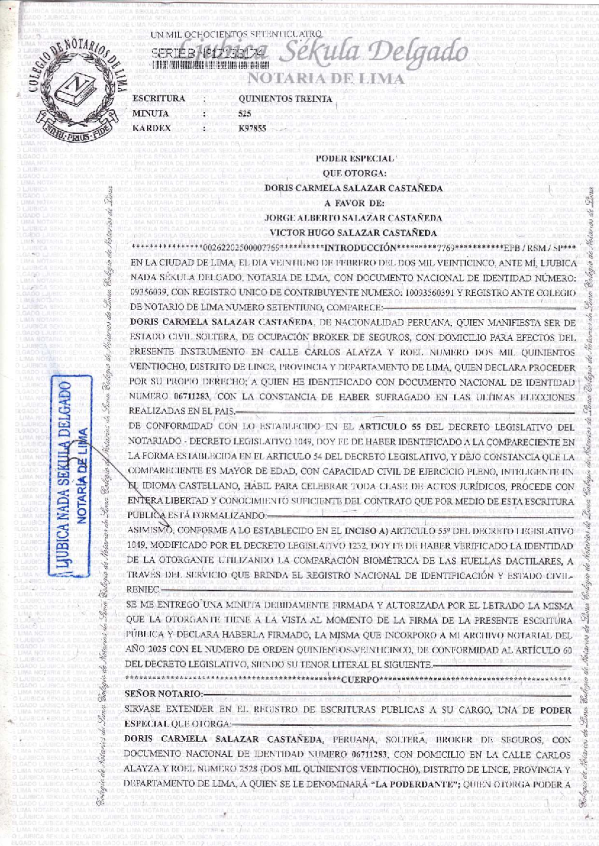 Poder Especial Notarial: Doris C. Salazar a Jorge A. y Víctor H ...
