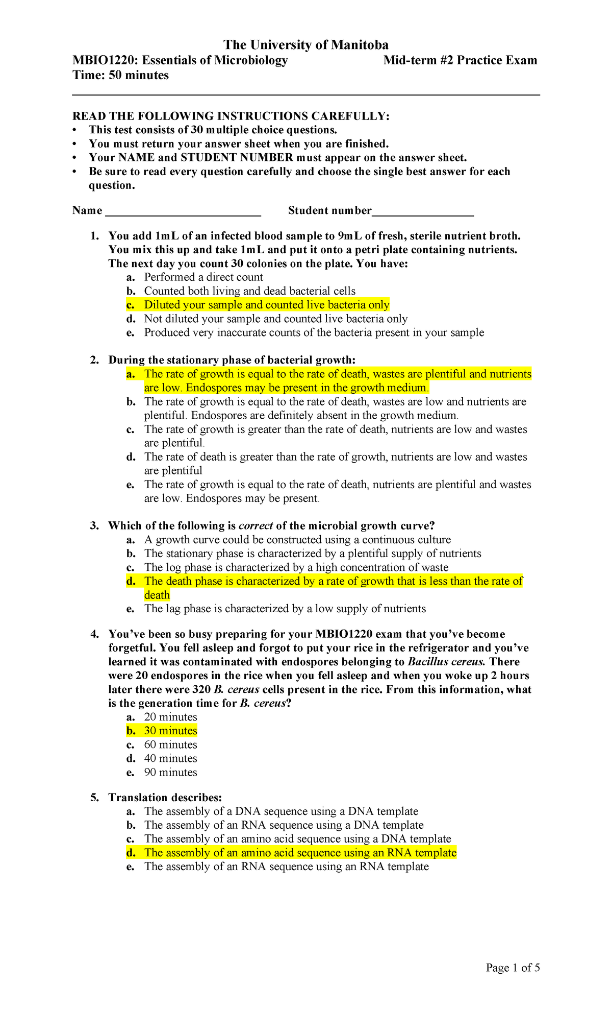 MBIO1220: Essentials of Microbiology Mid-term #2 Practice Exam Answers ...