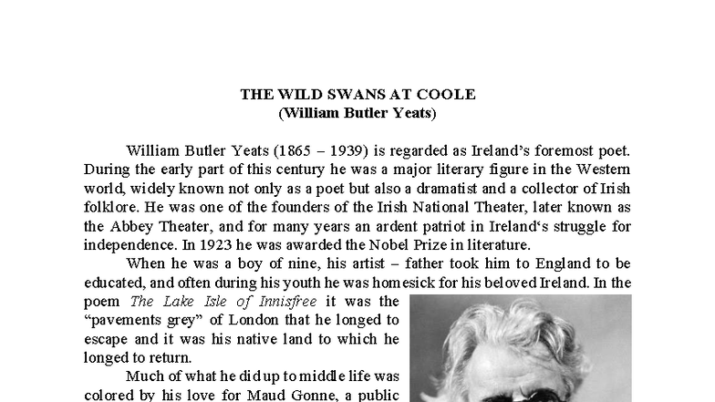 THE WILD SWANS AT COOLE - Analyzing Yeats' Poetic Techniques - Studocu
