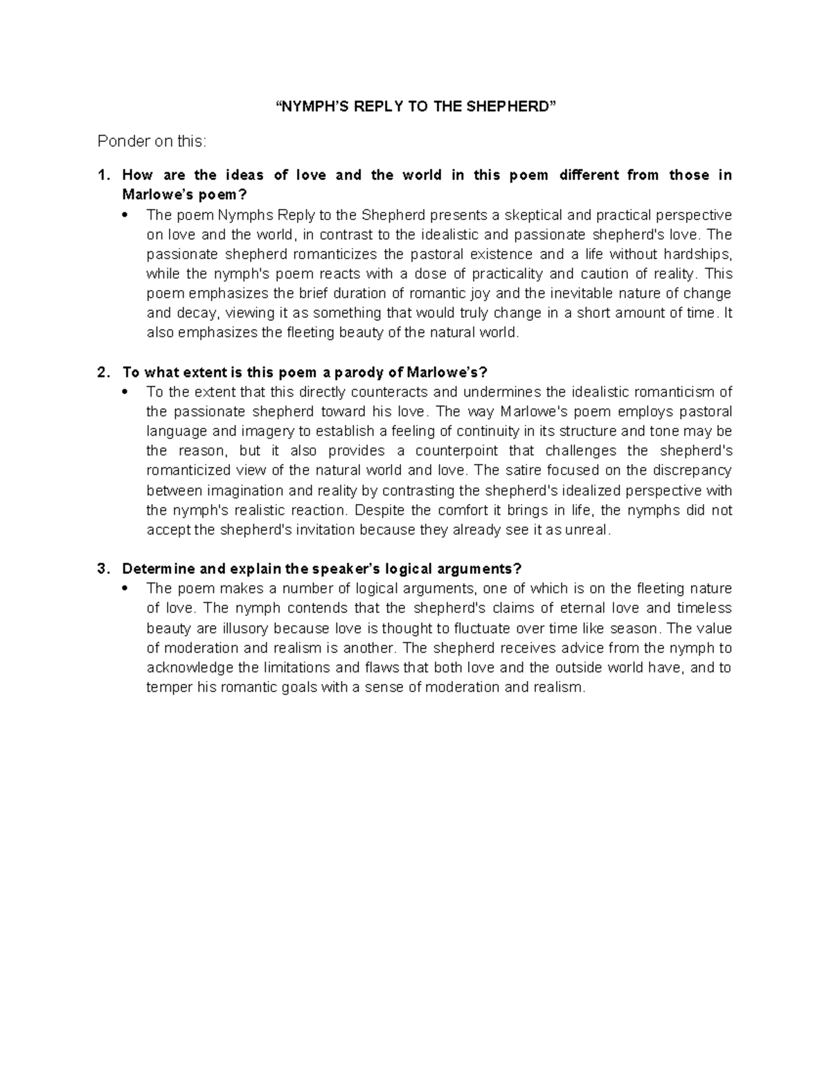 ENG 201: Analysis of Love in "Nymph's Reply to the Shepherd" - Studocu