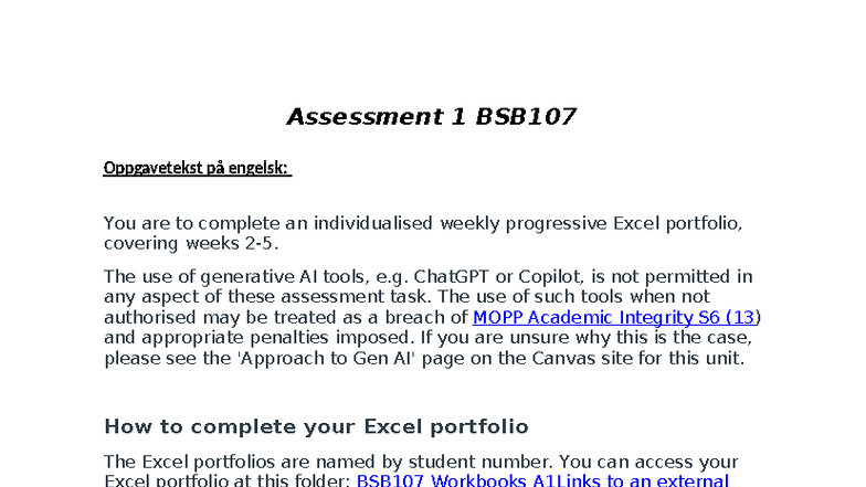 Assessment 1 Guidelines for BSB107 Excel Portfolio - Studocu