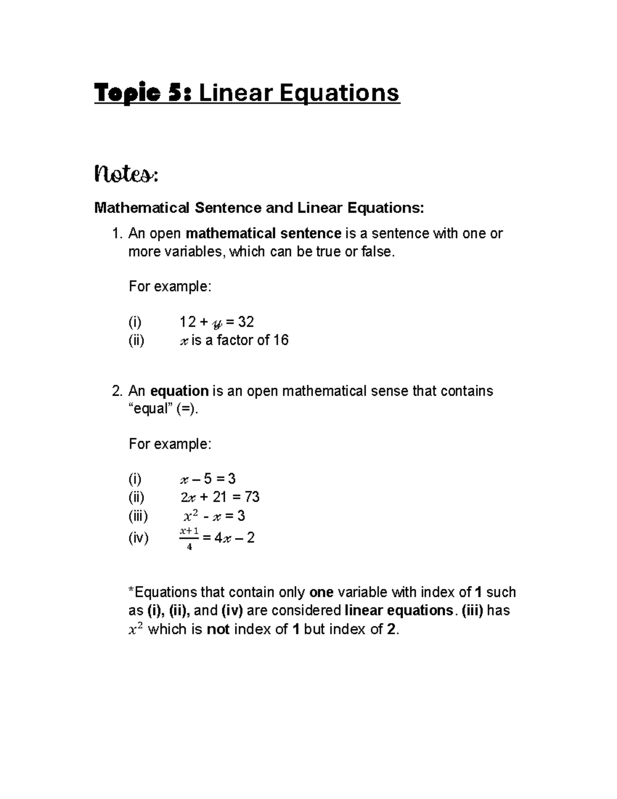 Topic 5: Linear Equations Notes and Solutions Guide - Studocu