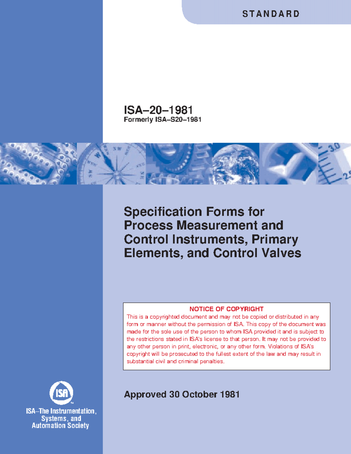 ISA-20-1981: Standard Specifications for Control Instruments & Valves ...