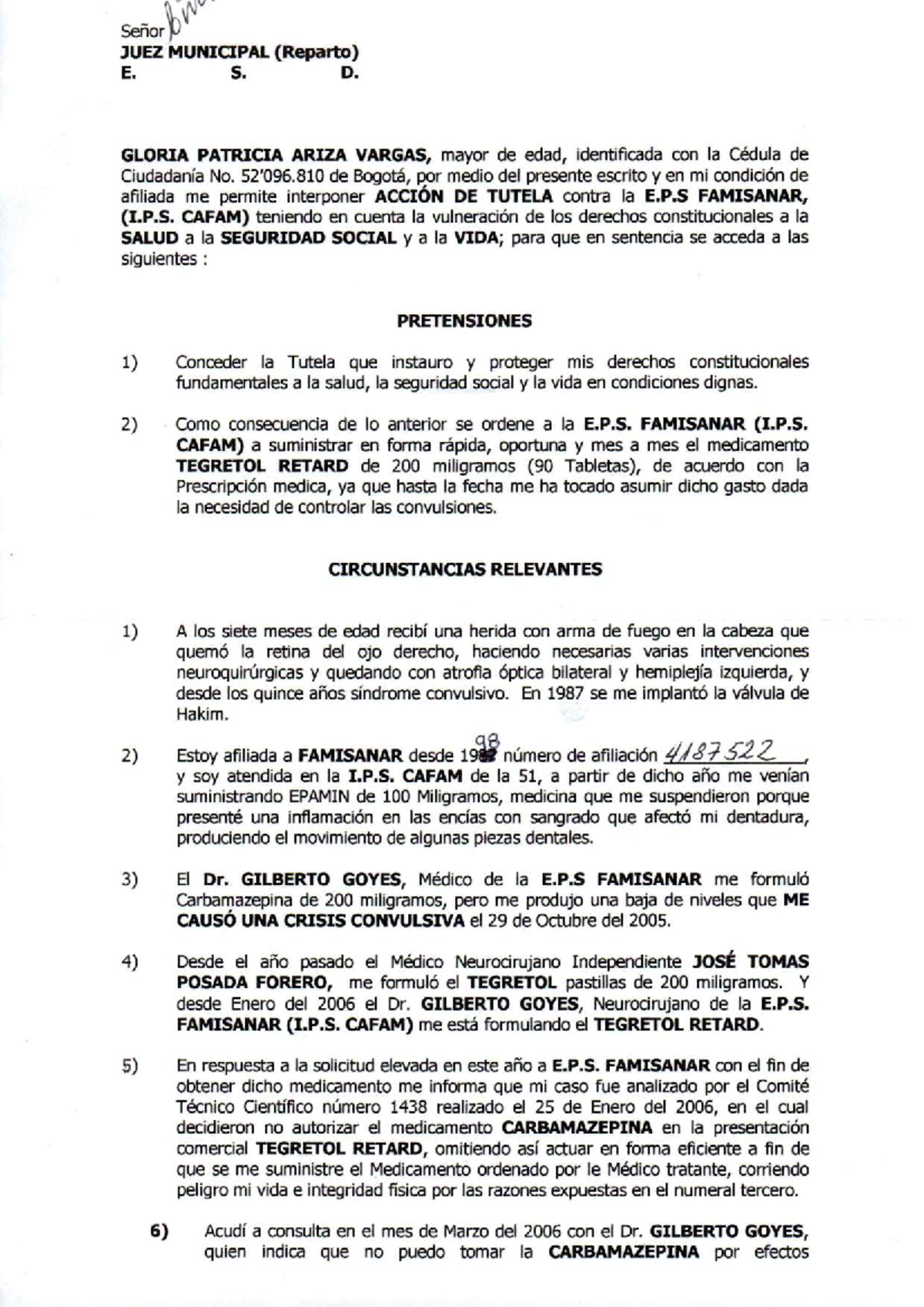 Tutela No. 2006 - 0403: Acción de Tutela de Gloria Patricia Ariza ...