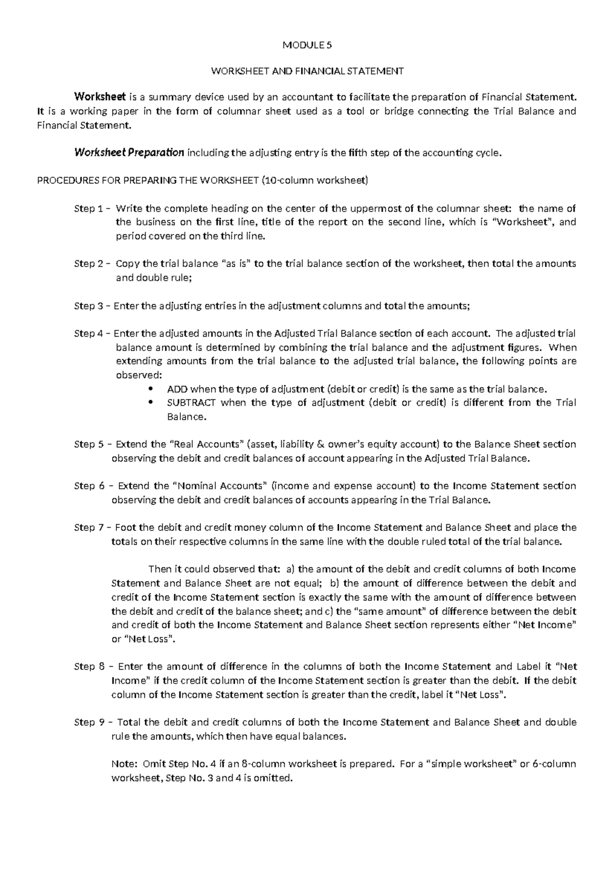Module 5: Worksheet & Financial Statement Preparation Guide - Studocu