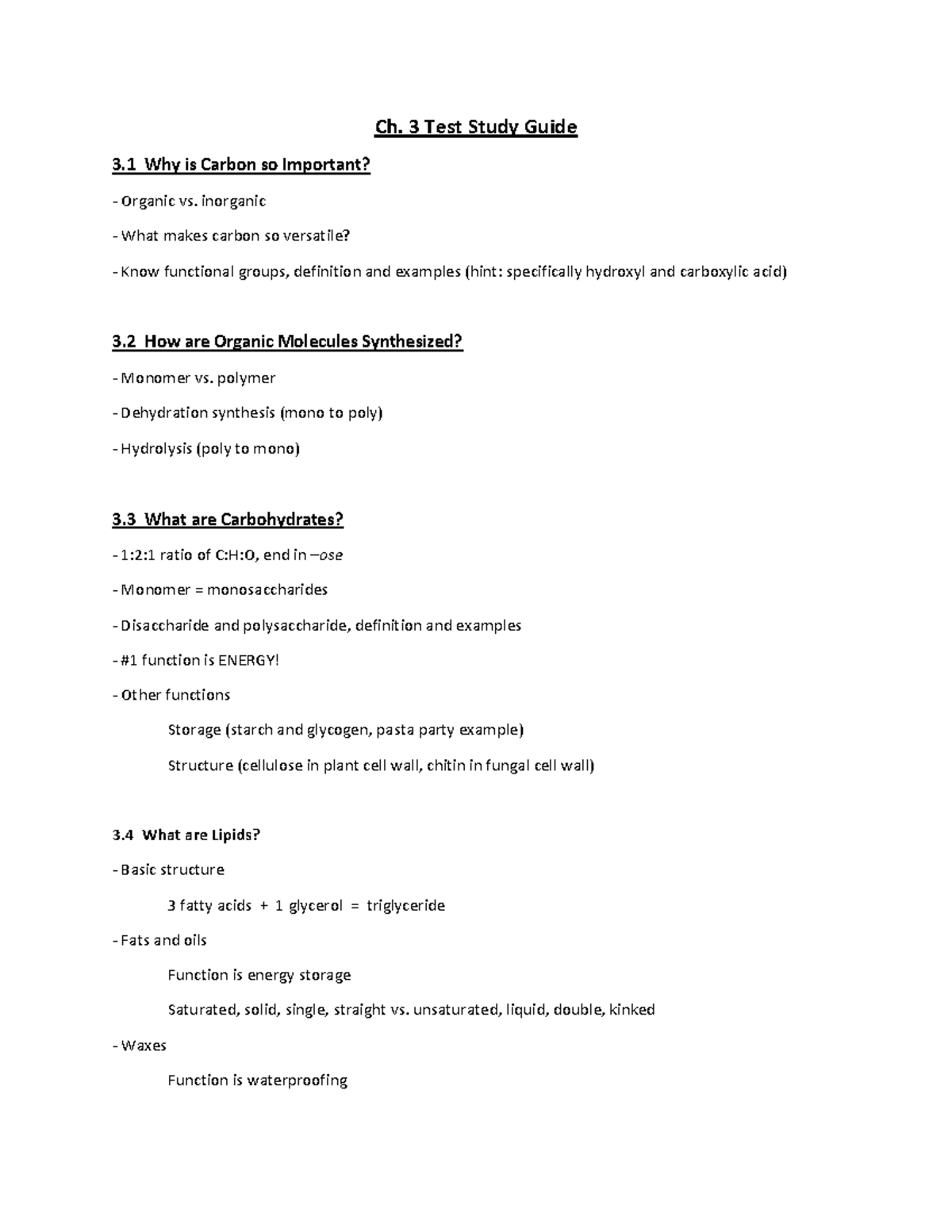 Biology Ch. 3 Test Study Guide: Organic Compounds Overview - Ch. 3 Test ...