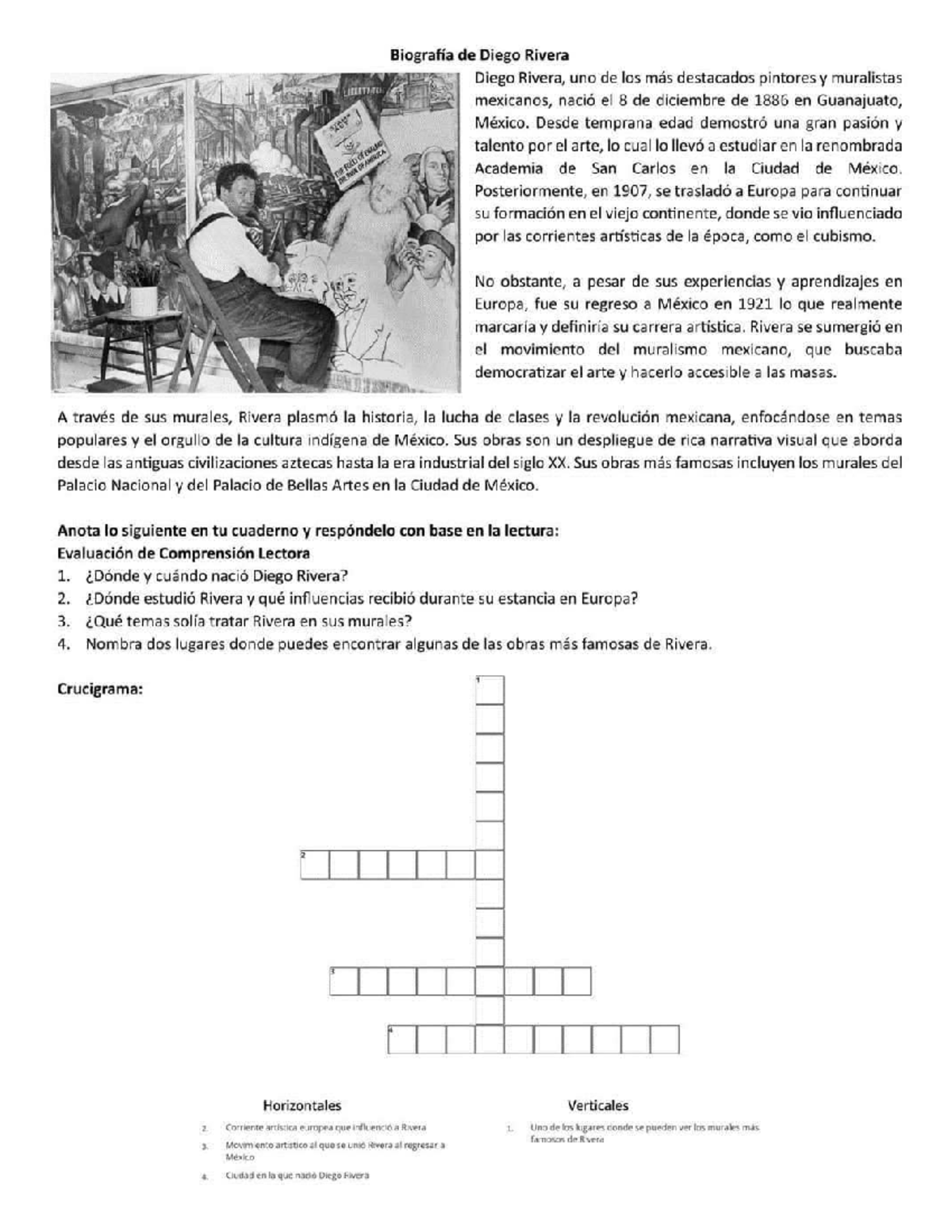Artes Diego Rivera: Biografía y Crucigrama de Comprensión - Studocu