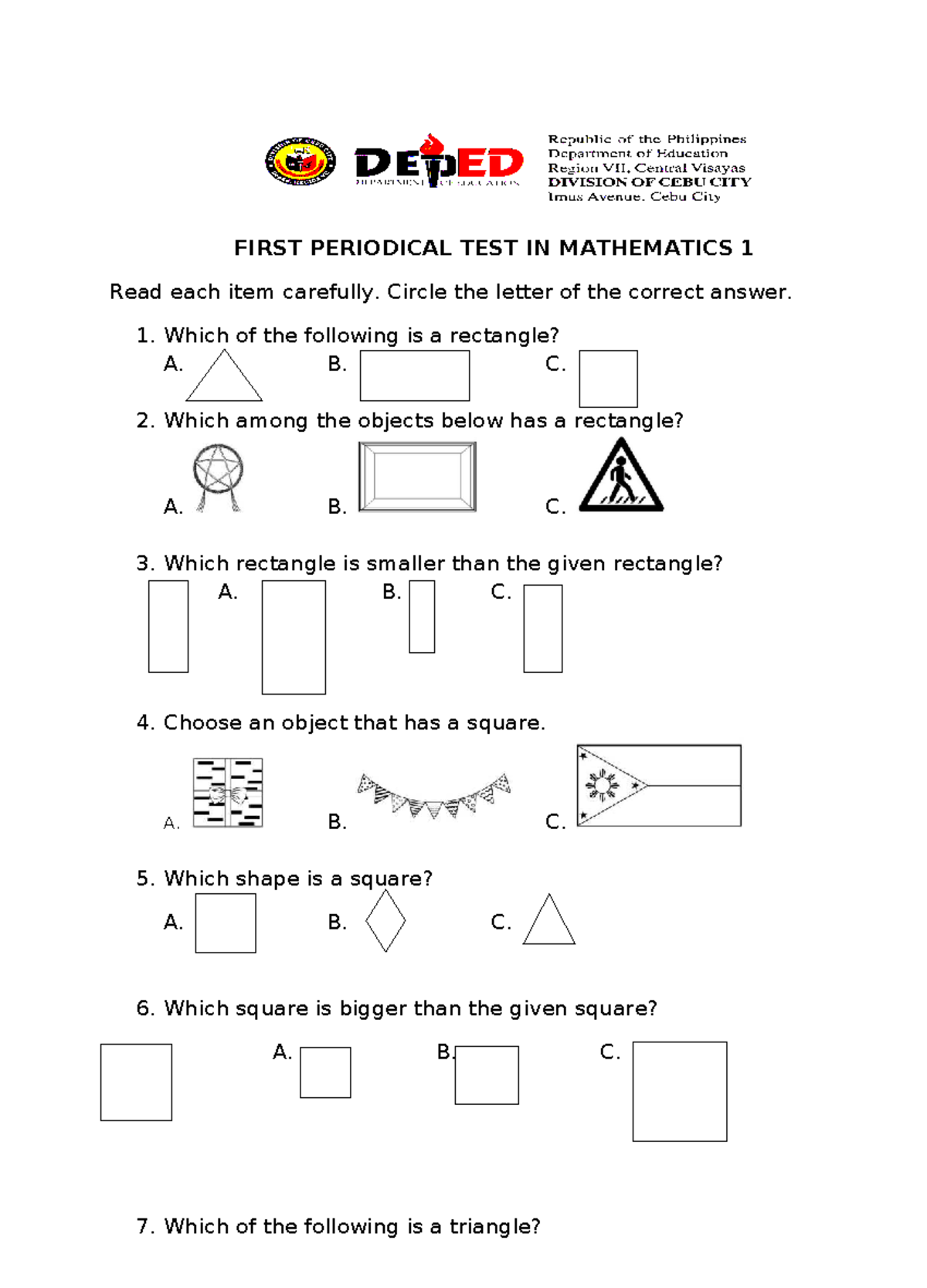 First Periodical Test in Math 1: Shapes and Number Concepts - Studocu