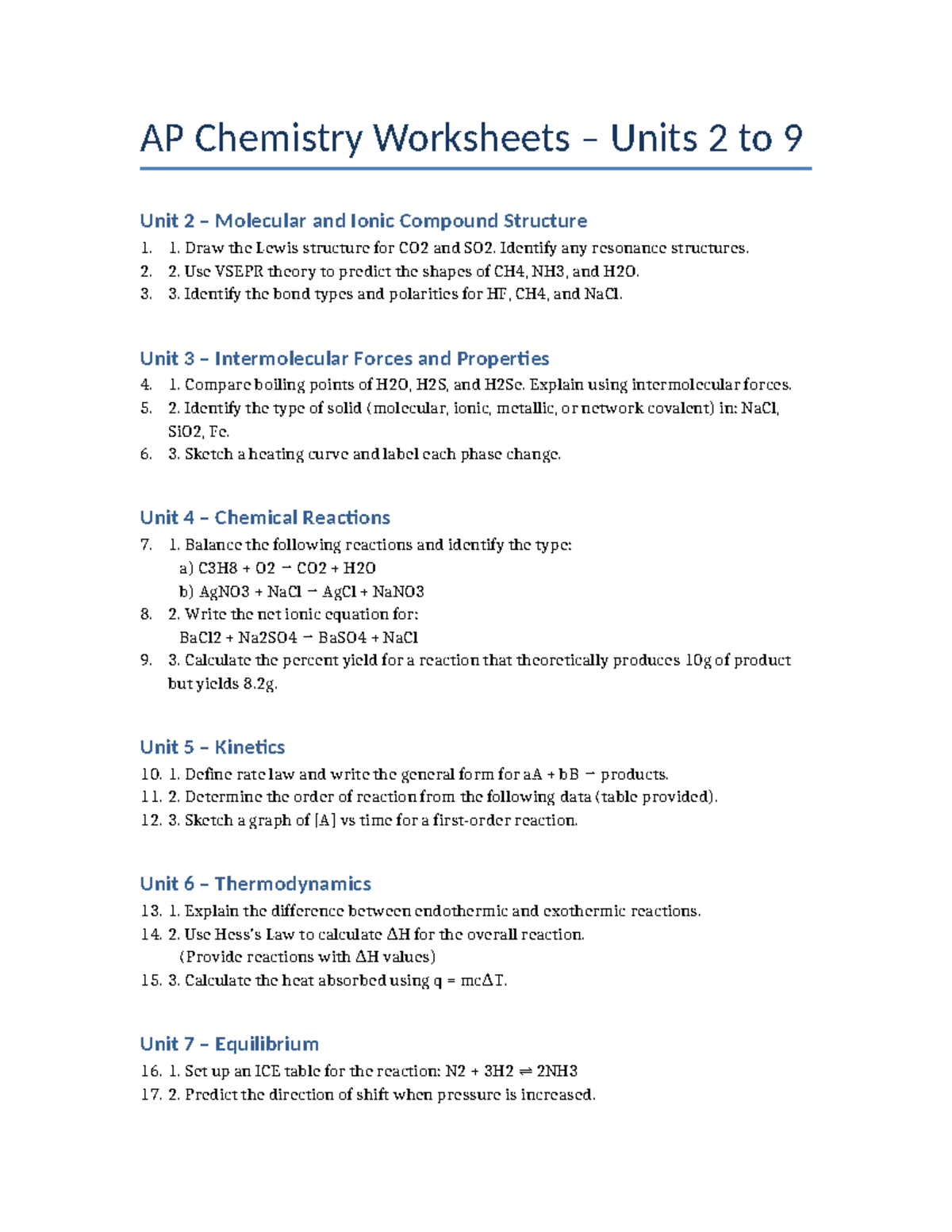 AP Chem Worksheets: Units 2-9 Overview and Exercises - Studocu