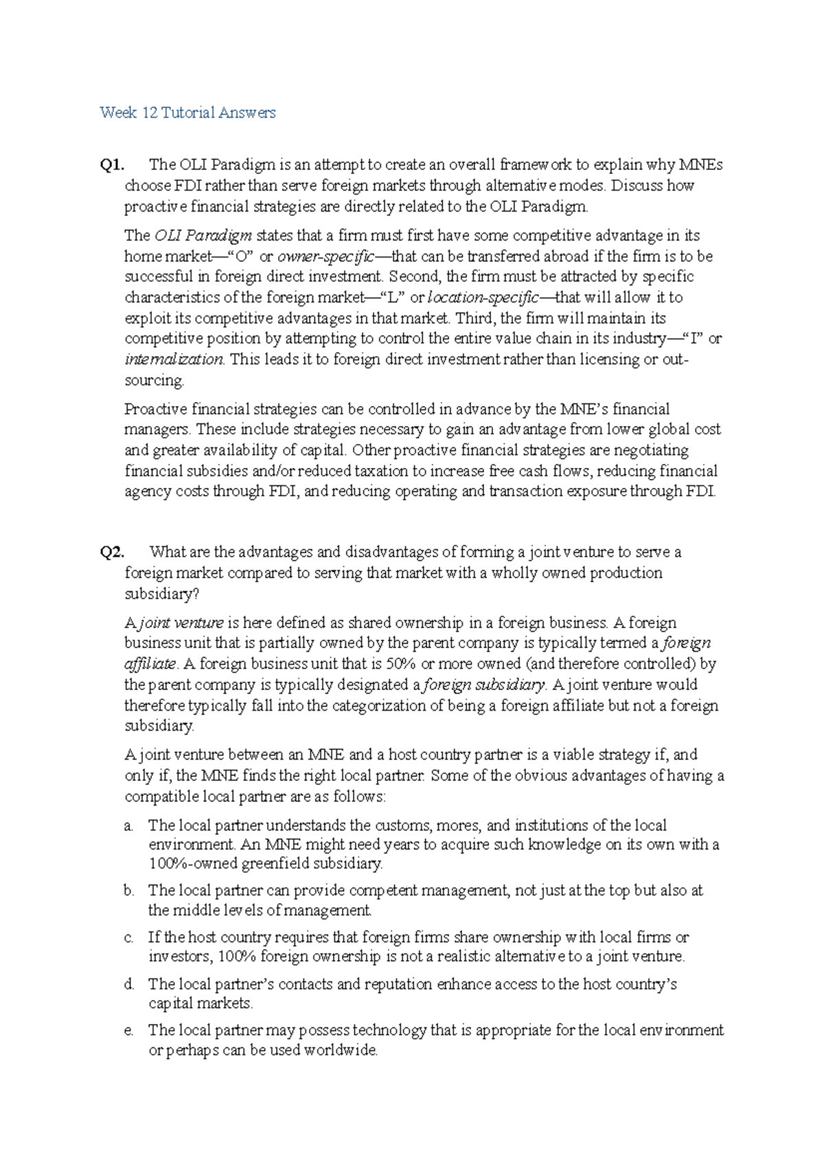 Week 12 Word Answers - international finance tutorial - Week 12 ...