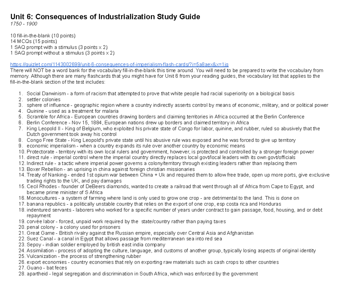 Unit 6: Consequences of Industrialization Study Guide and Key Concepts ...
