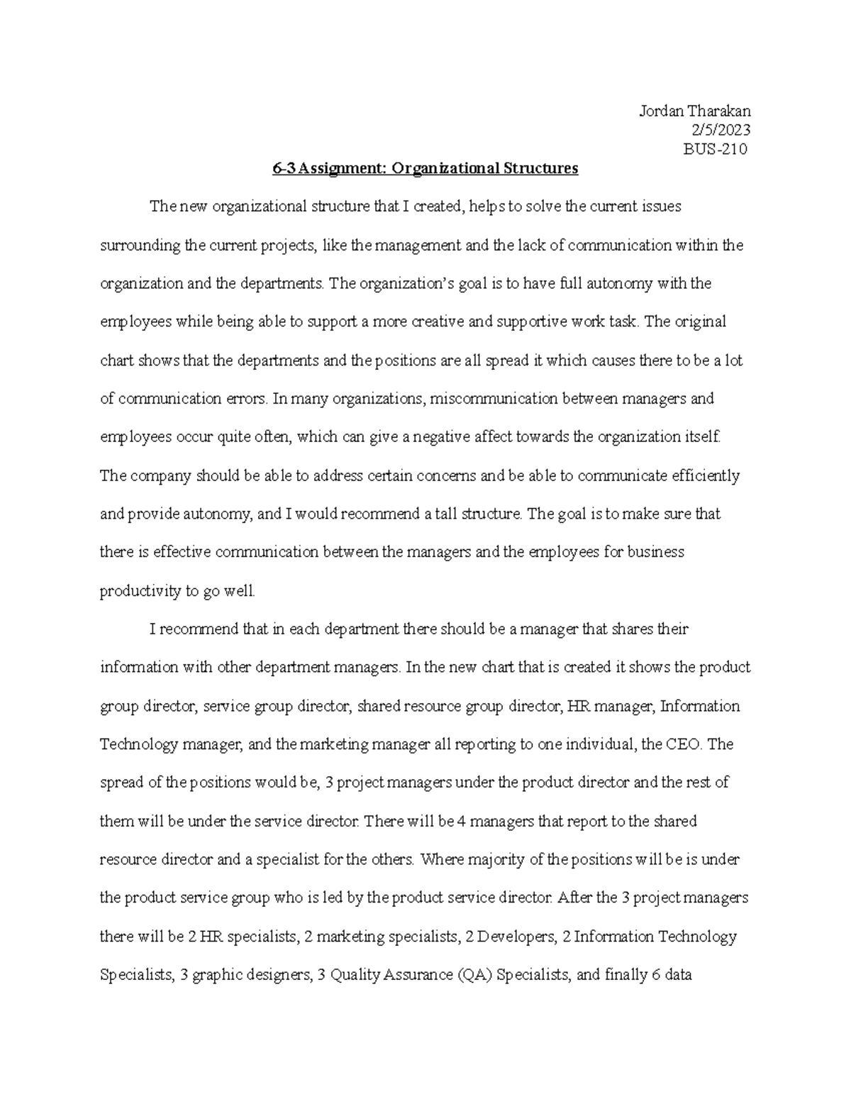 6-3 Assignment- Organizational Structure SNHU - Jordan Tharakan 2/5 ...