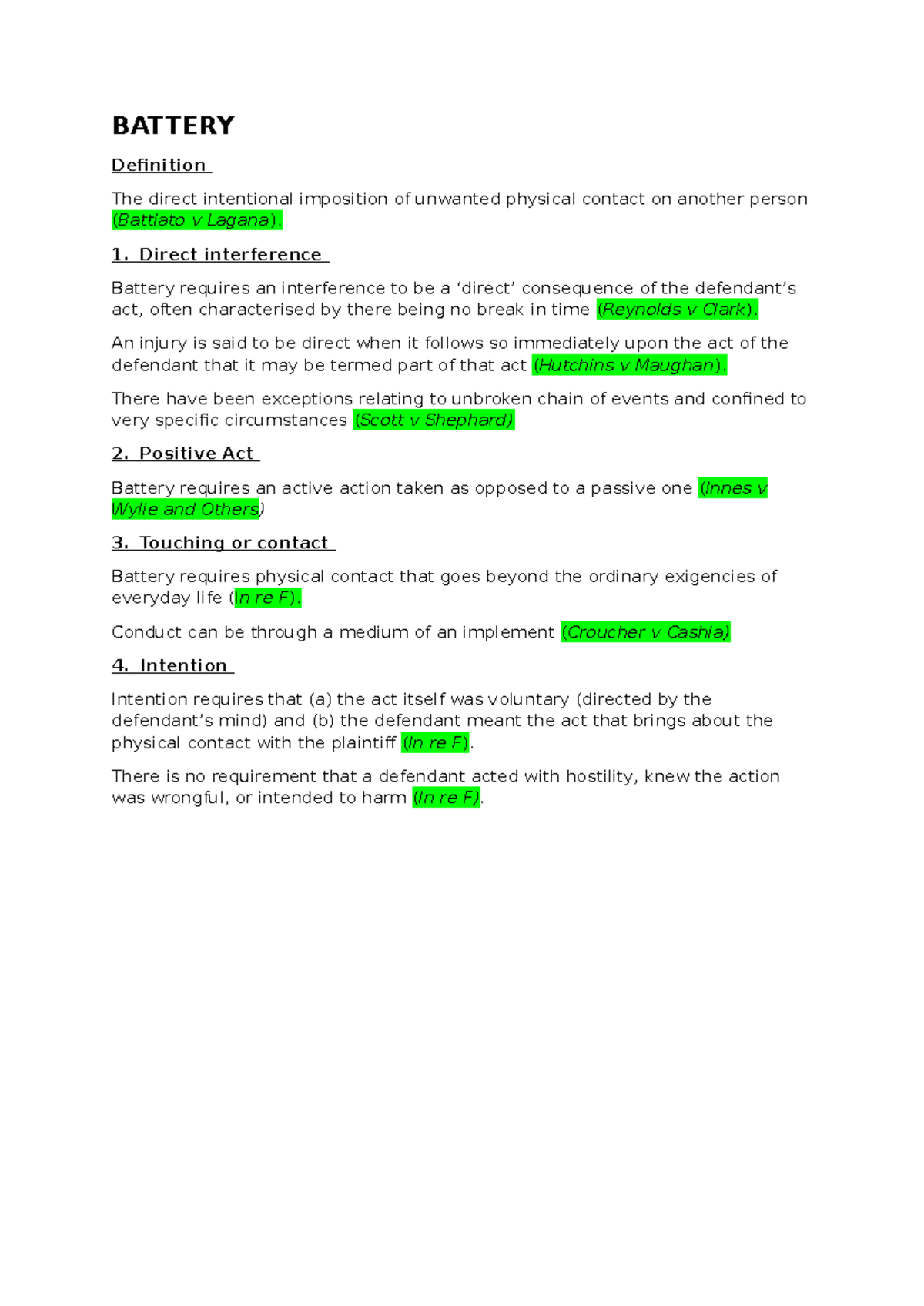 Summary Notes on Battery and Assault in Tort Law (LAW101) - Studocu