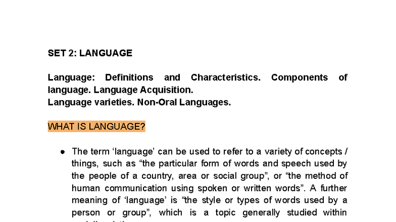 SET 2: LANGUAGE - Definitions, Characteristics, and Varieties - Studocu