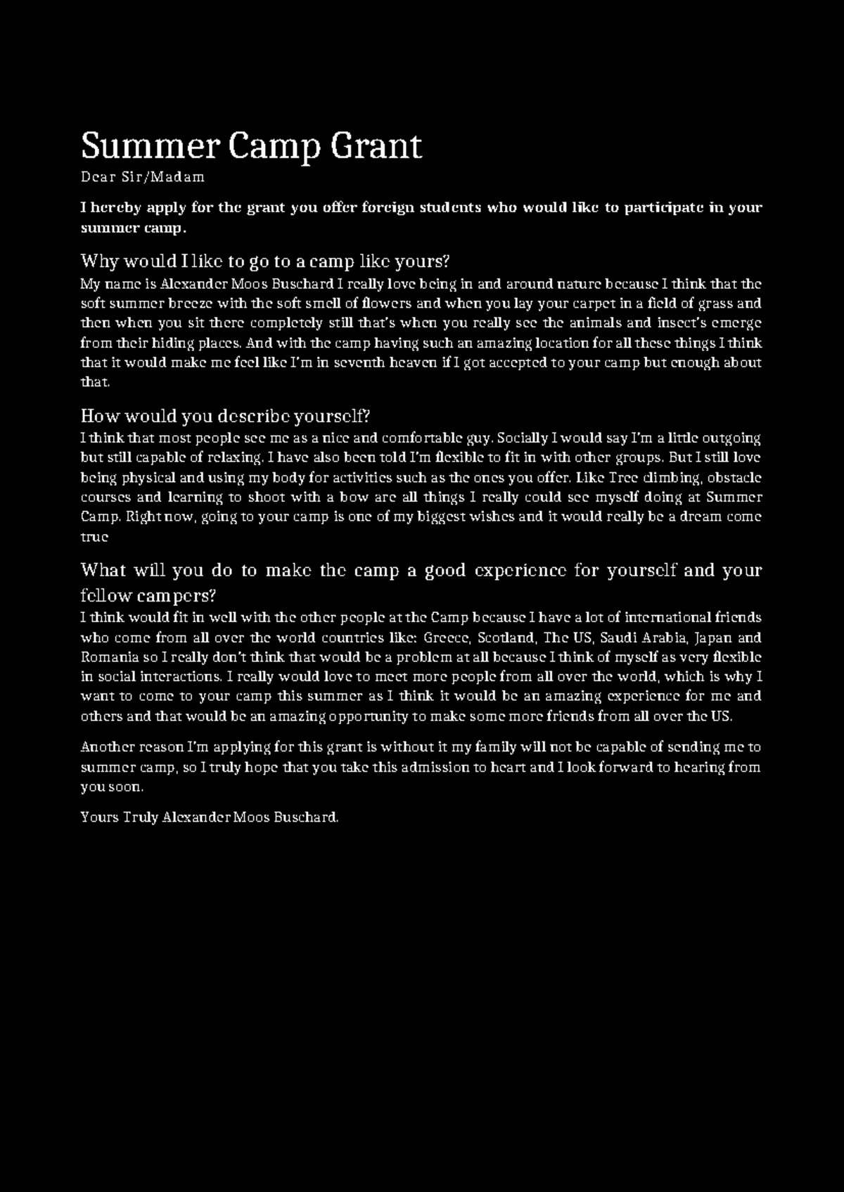 Summer Camp Grant Application - Alexander Moos Buschard - Studocu