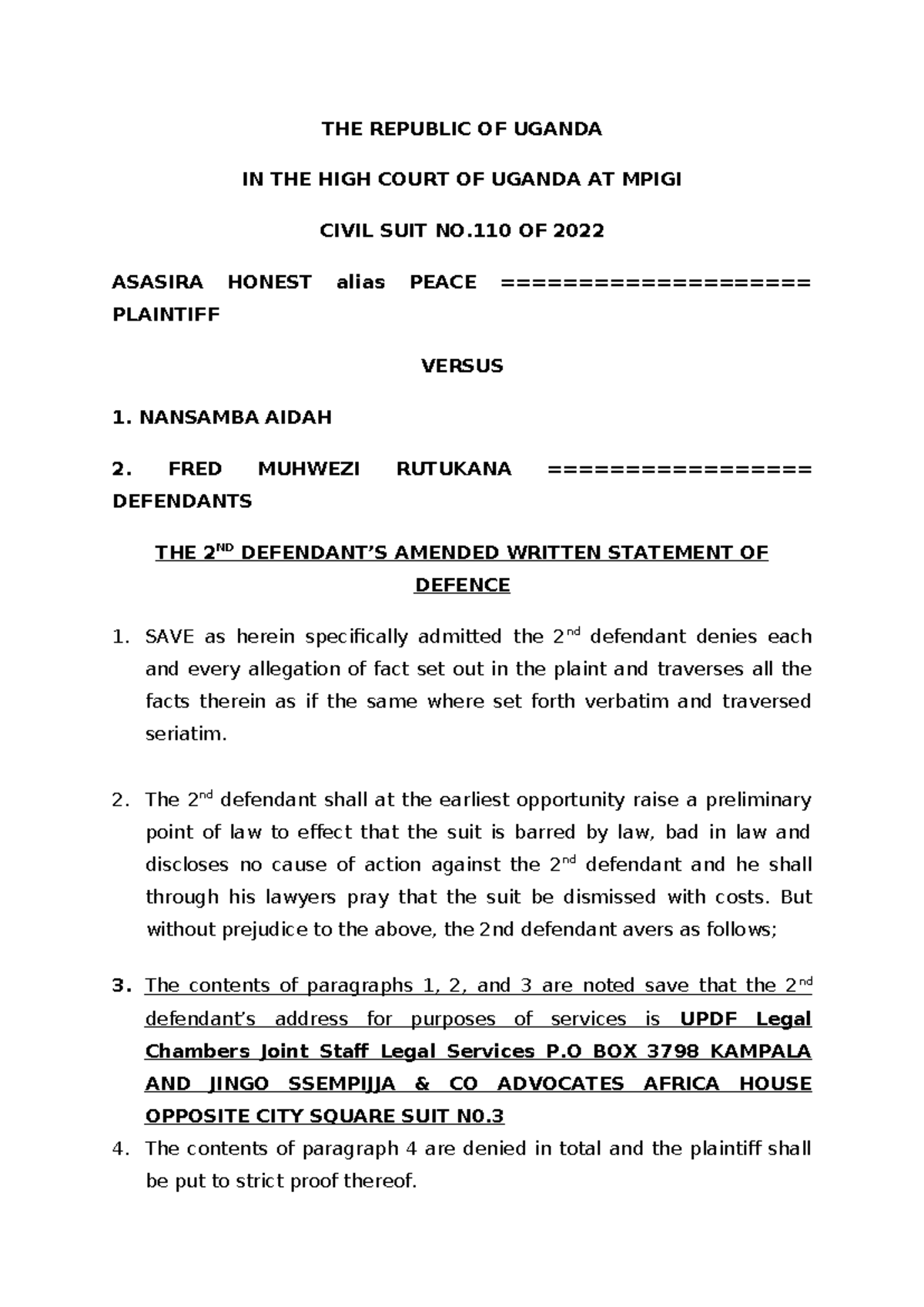 Amended Plaint in High Court of Uganda: Civil Suit No.110 of 2022 - Studocu