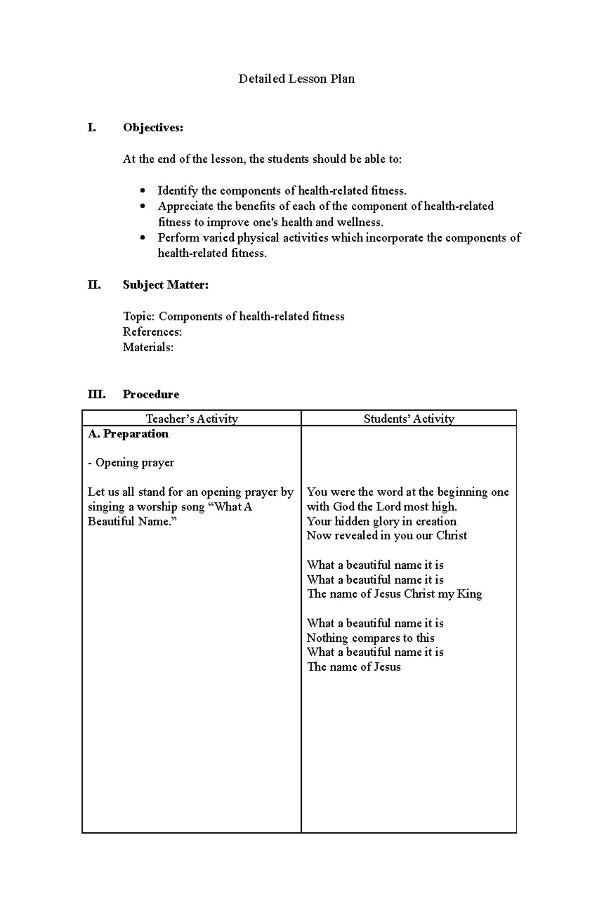 Components of Health-Related Fitness: Detailed Lesson Plan - Studocu