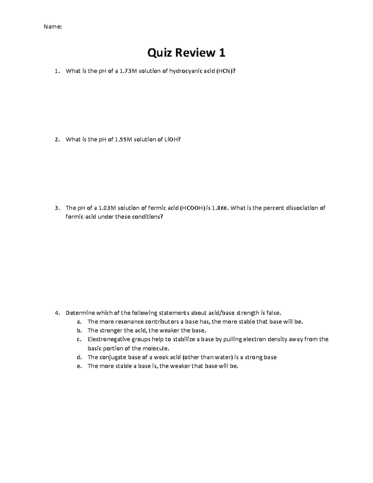 Quiz Review 1 (251215) - pH Calculations & Acid-Base Concepts - Studocu